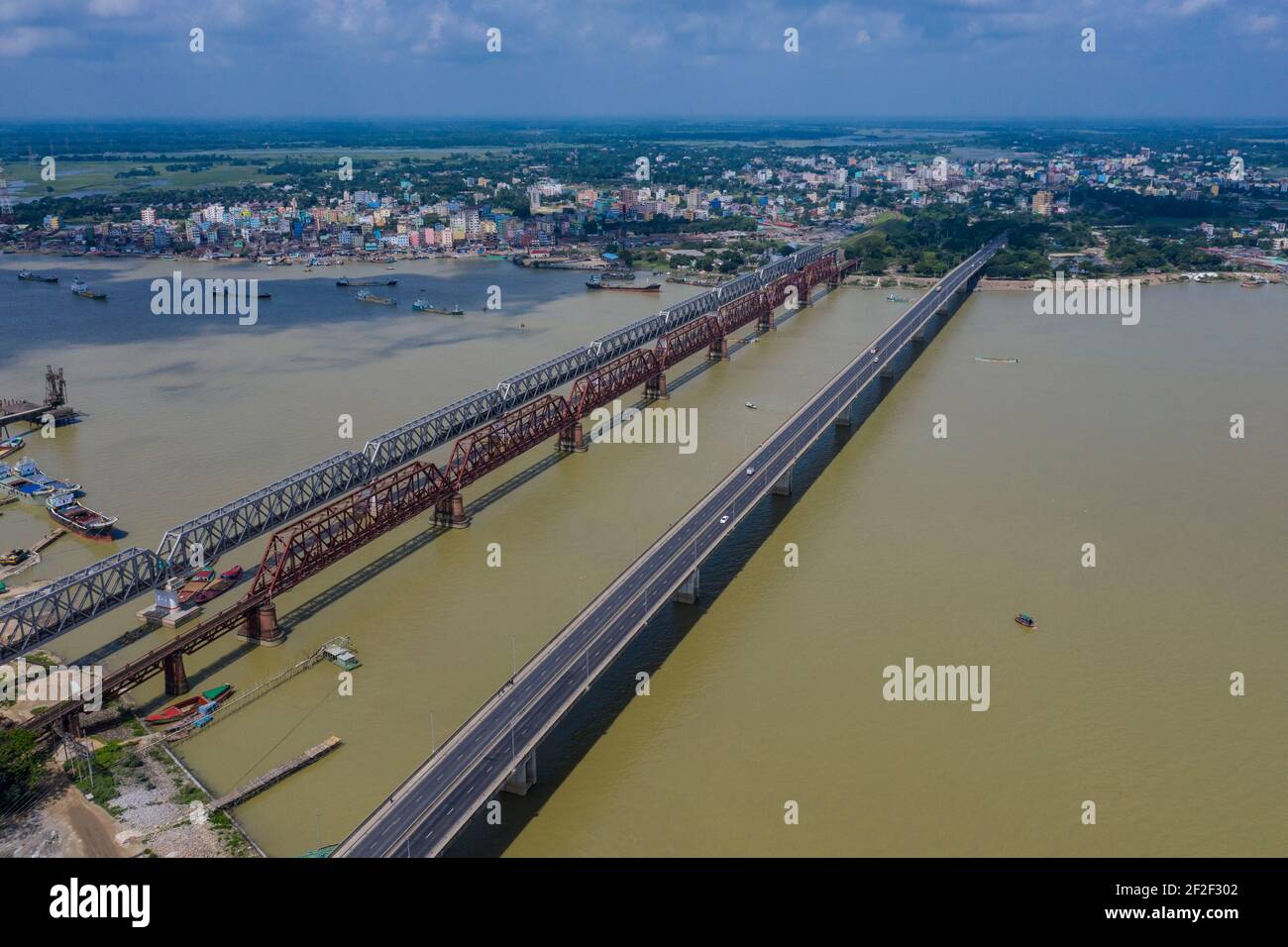 Aerial photo of Syed Nazrul Islam Bridge and two rail way bridges cross ...