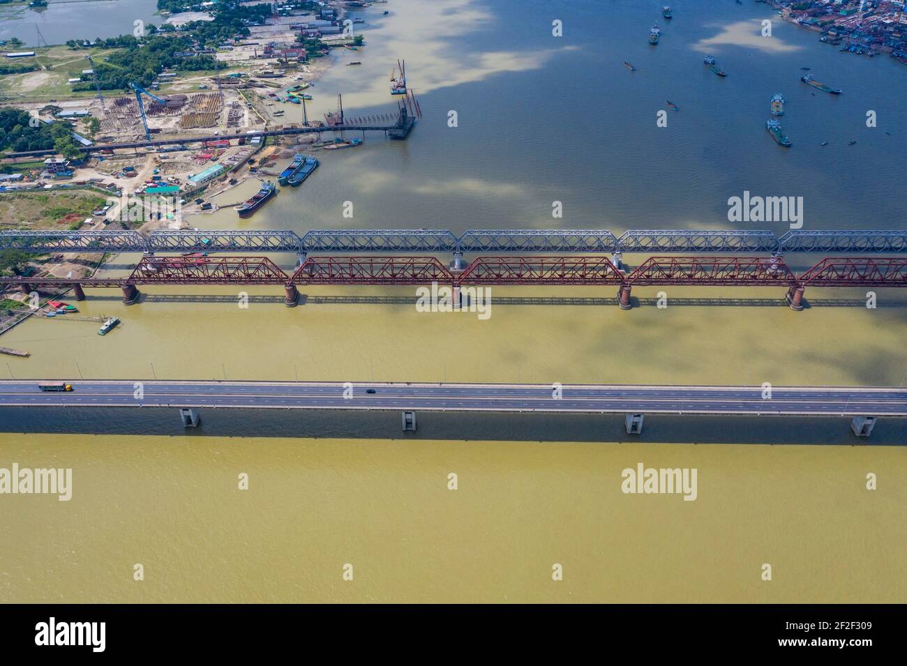 Aerial photo of Syed Nazrul Islam Bridge and two rail way bridges cross ...