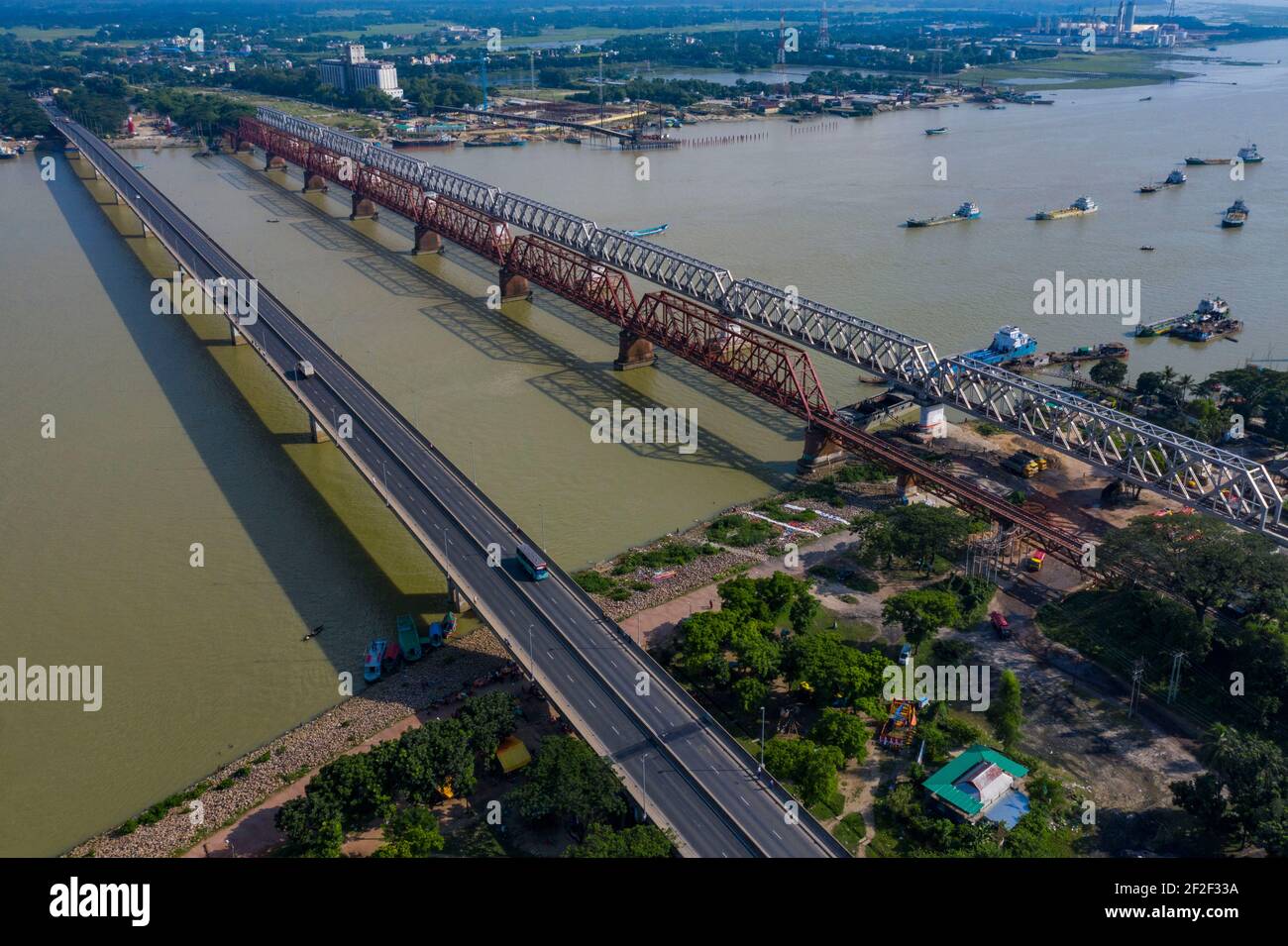 Aerial photo of Syed Nazrul Islam Bridge and two rail way bridges cross ...