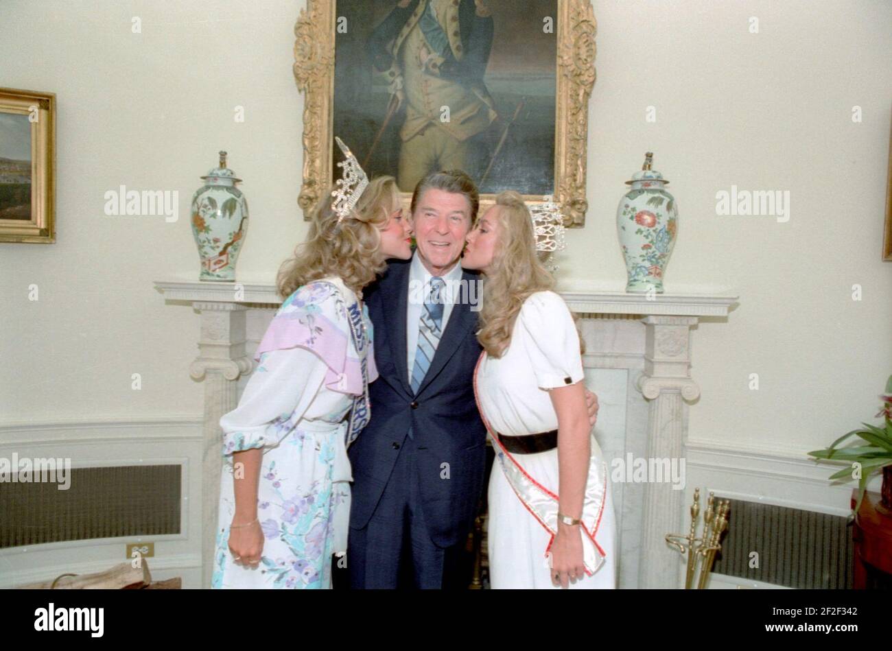 President Ronald Reagan meeting with Shawn Weatherly and Kim Seelbrede ...