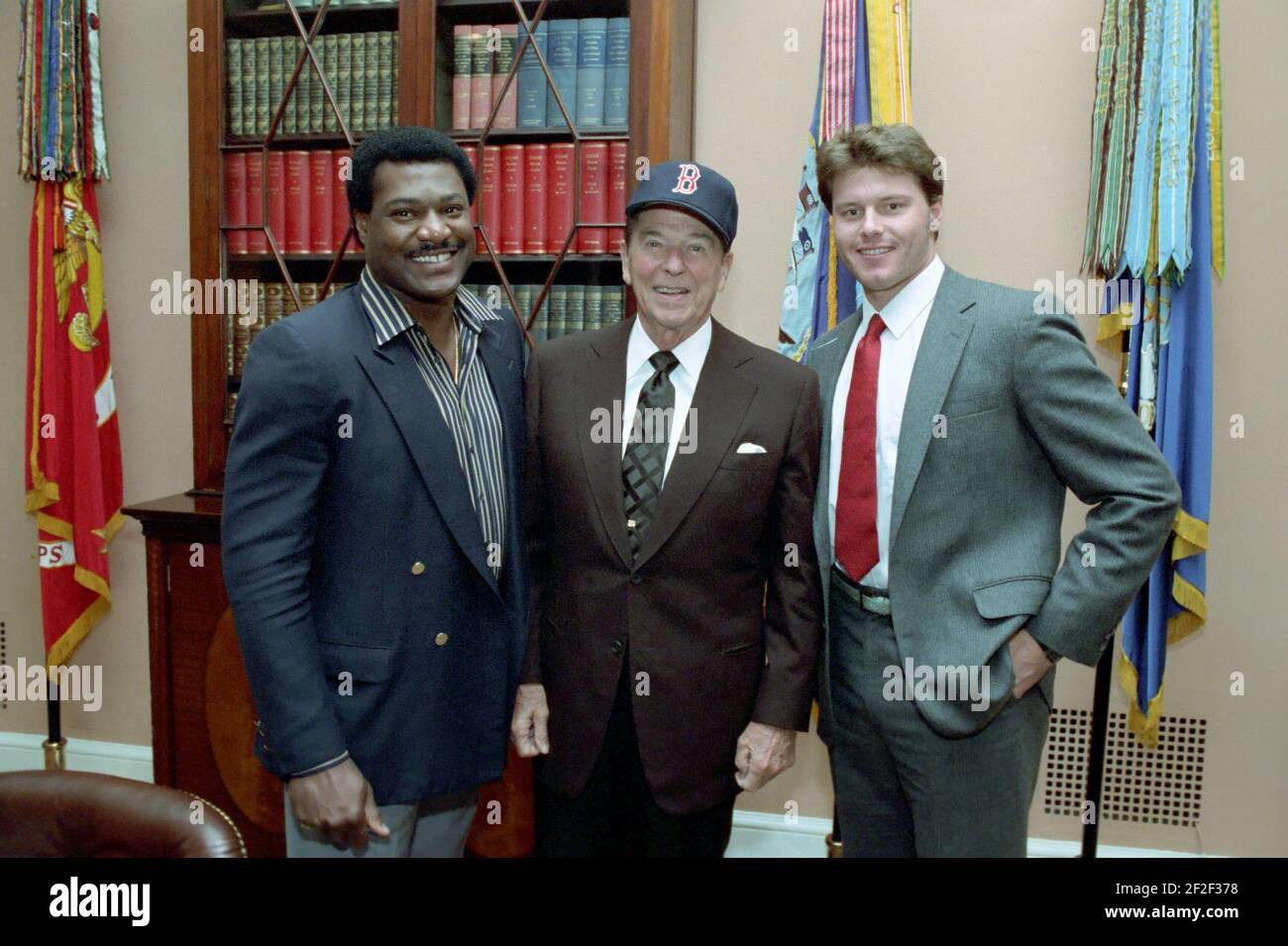 President Ronald Reagan posing with Roger Clemens and Don Baylor Stock ...