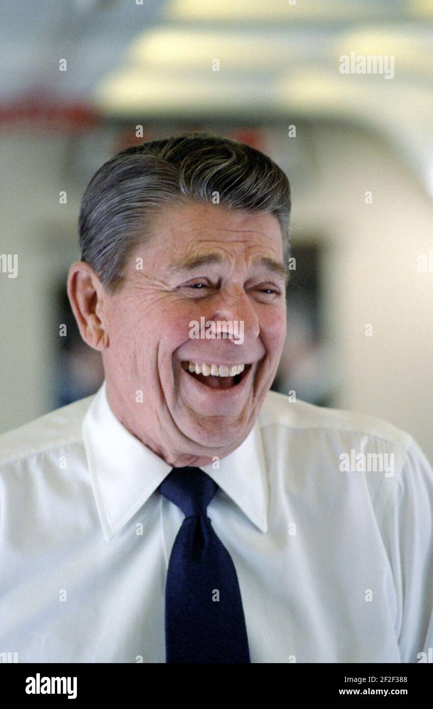 President Ronald Reagan on a Trip Aboard Air Force One to Chicago ...