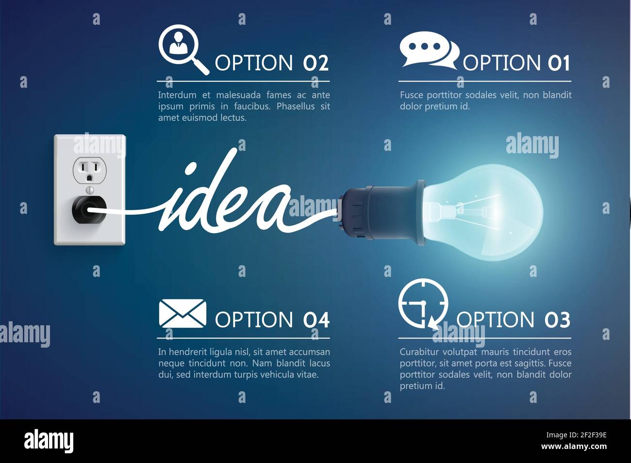 Creative concept template with filament lamp screwed in bulb plugged in ...