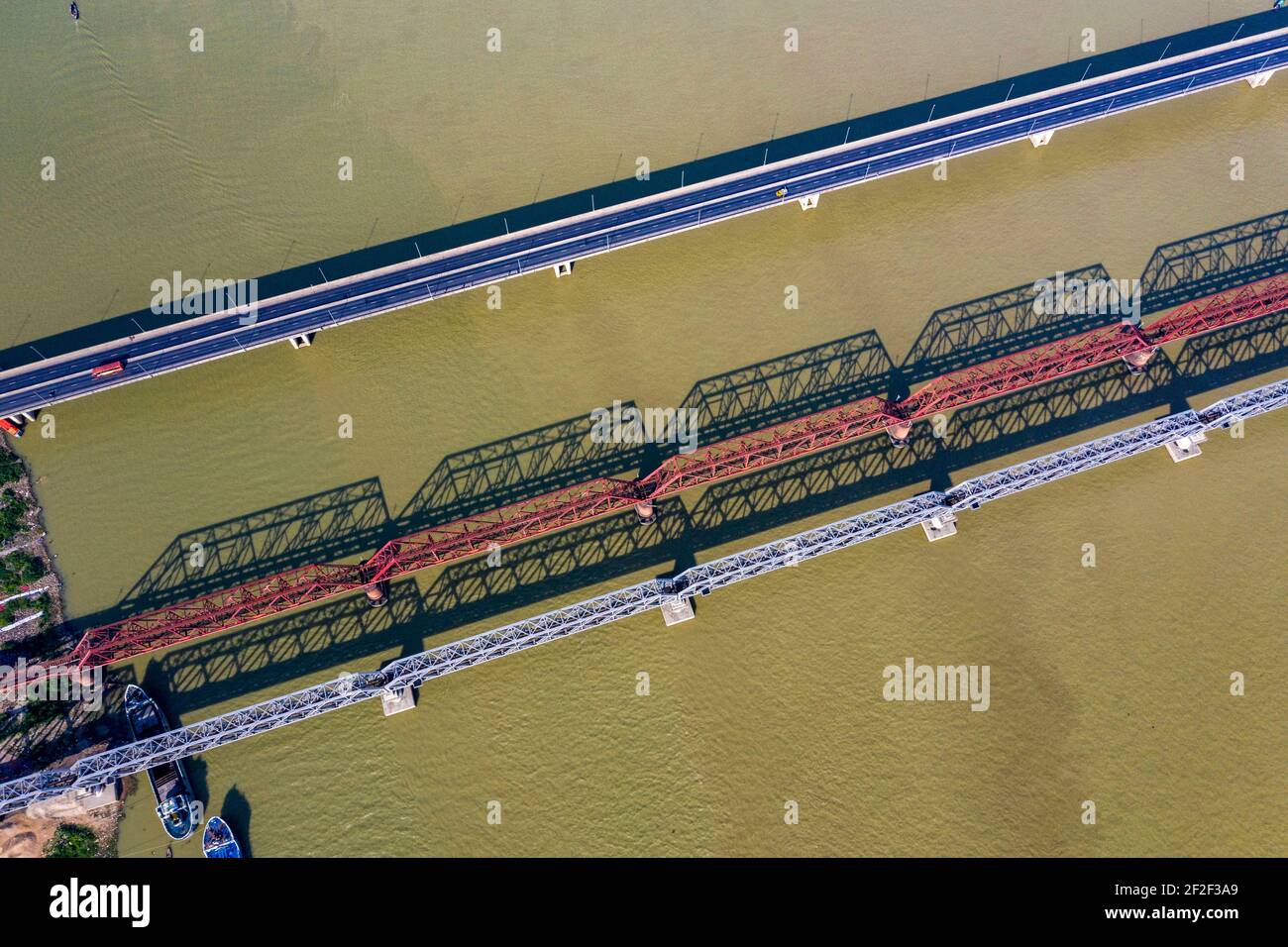 Aerial photo of Syed Nazrul Islam Bridge and two rail way bridges cross ...