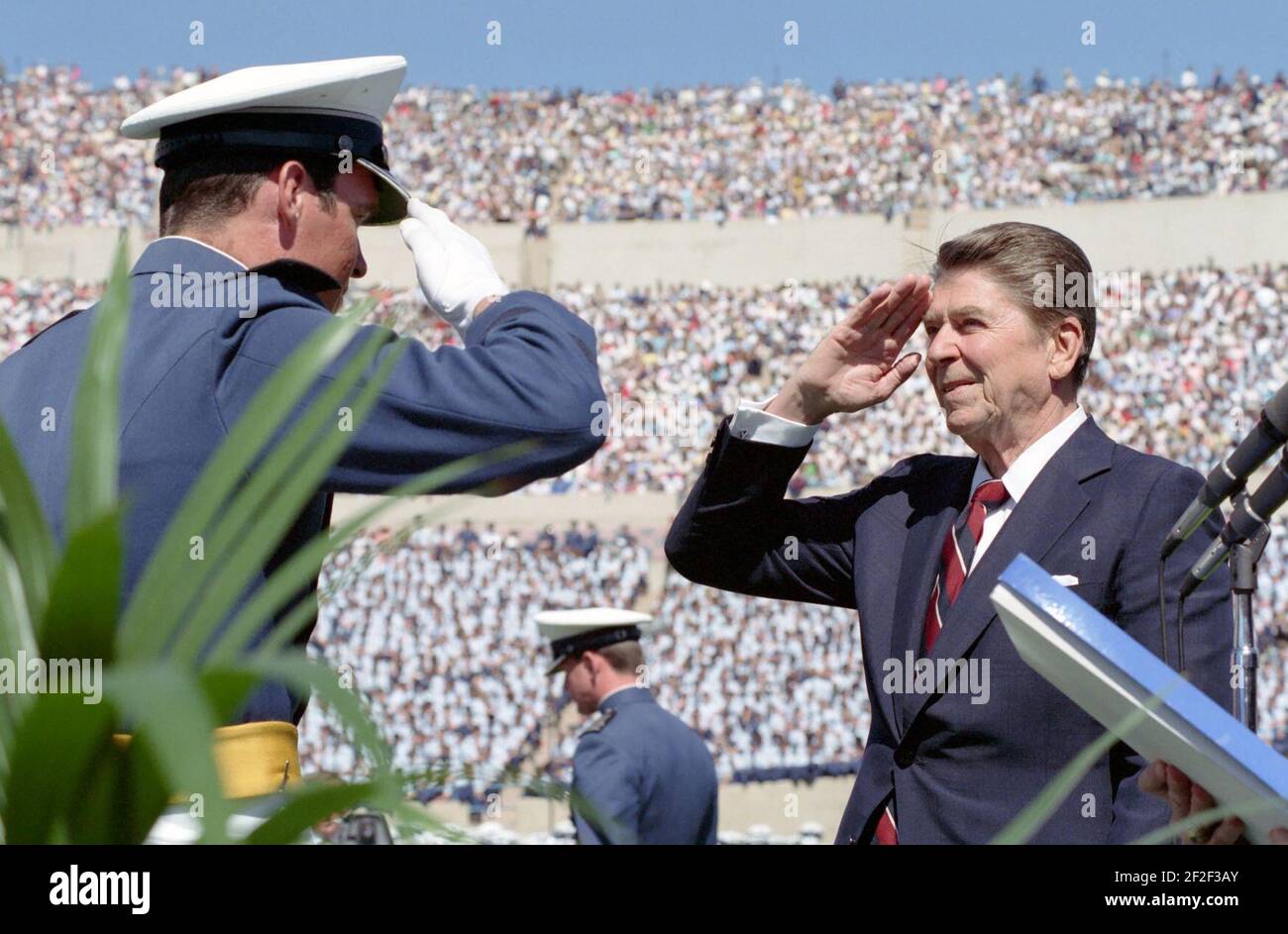 President Ronald Reagan saluting at the 1984 Graduating Class of the ...