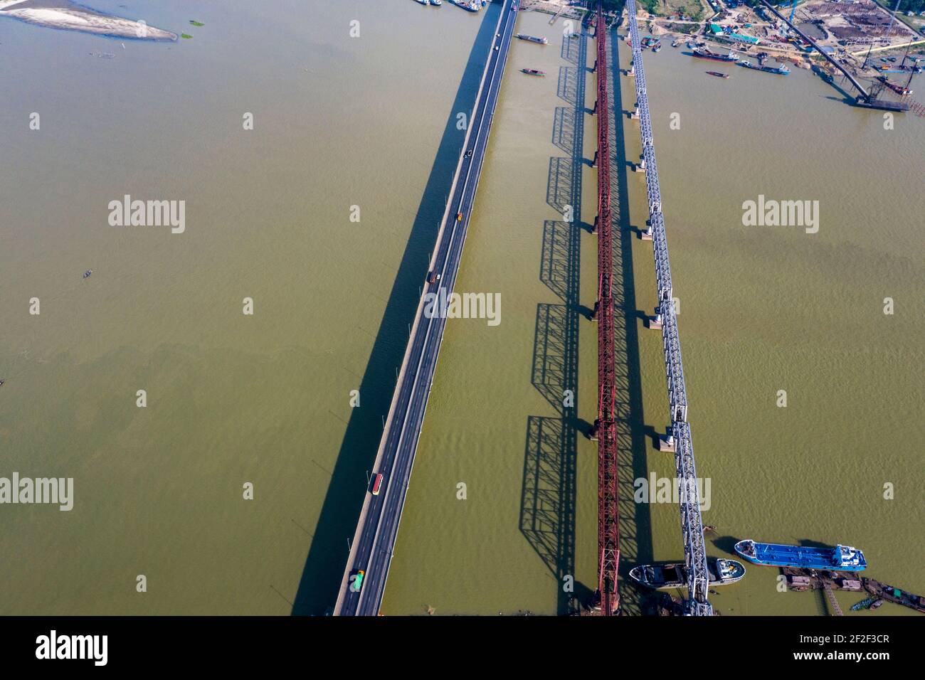 Aerial photo of Syed Nazrul Islam Bridge and two rail way bridges cross ...