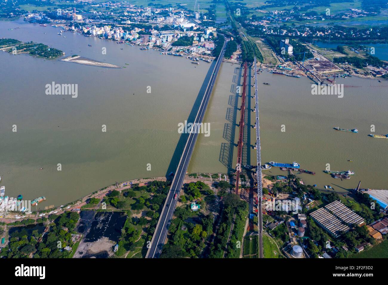 Aerial photo of Syed Nazrul Islam Bridge and two rail way bridges cross ...