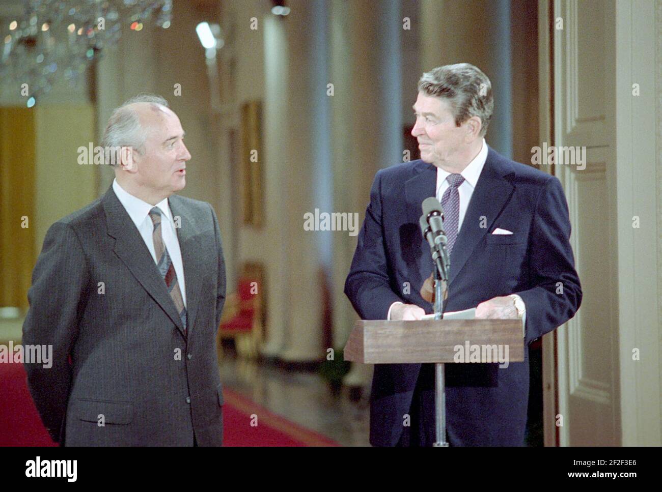 President Ronald Reagan speaking at the podium during the Washington ...