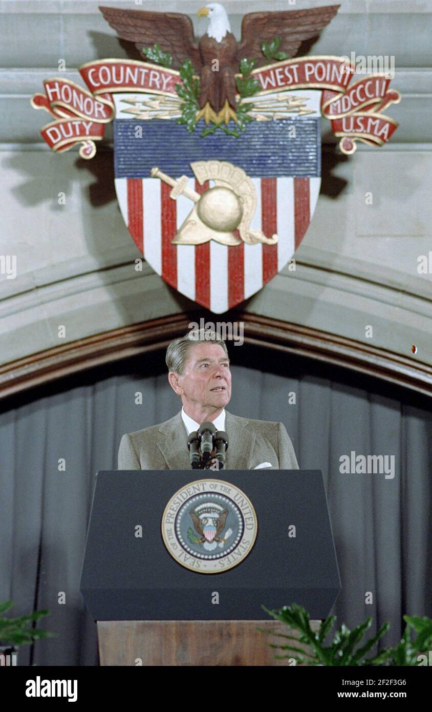 President Ronald Reagan speaking at the podium during a trip to West ...