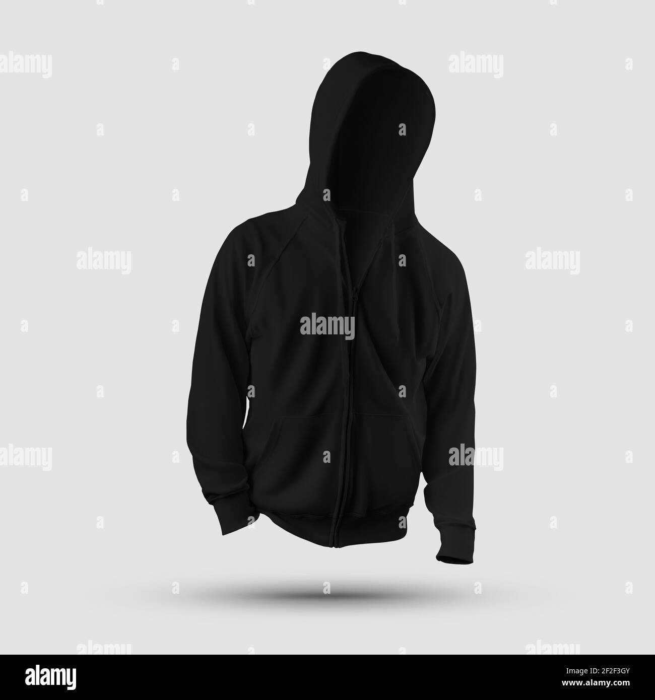 Mockup textured black hoodie with drawstring hood, zipper, pocket ...