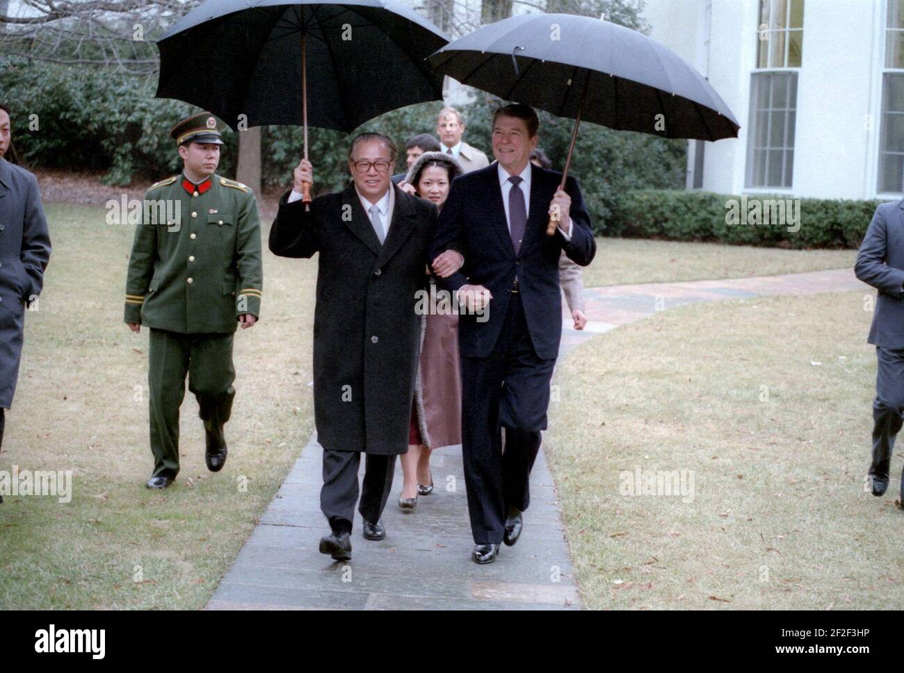 President Ronald Reagan walking with Premier Zhao Ziyang of the Peoples ...