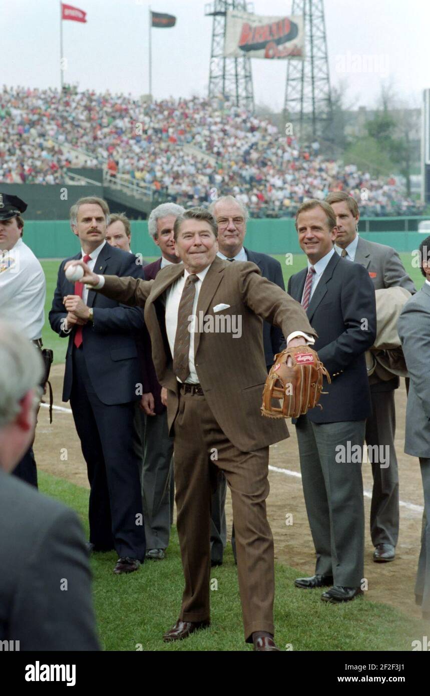 President Ronald Reagan throwing out the first pitch during opening day ...