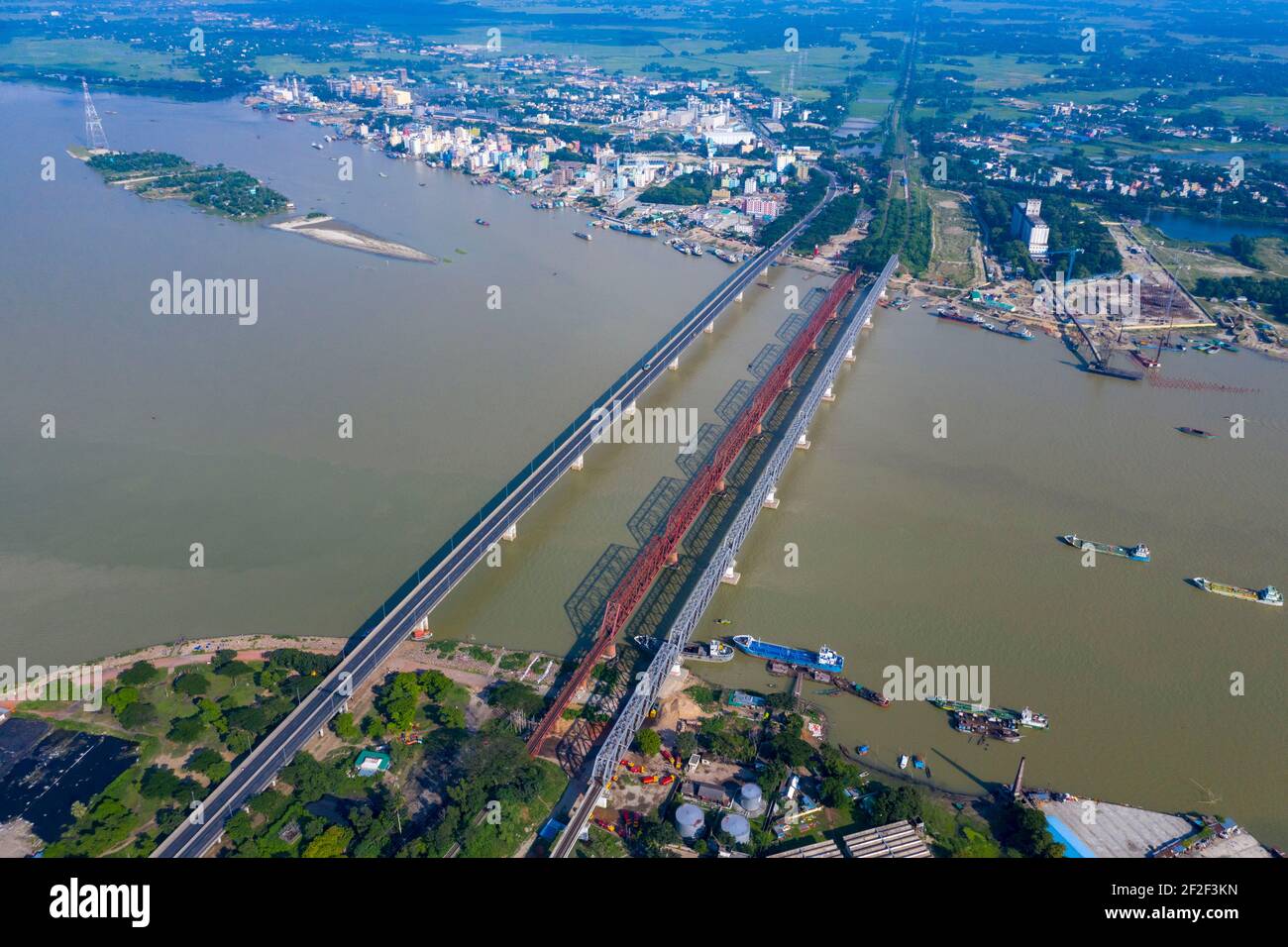 Aerial photo of Syed Nazrul Islam Bridge and two rail way bridges cross ...