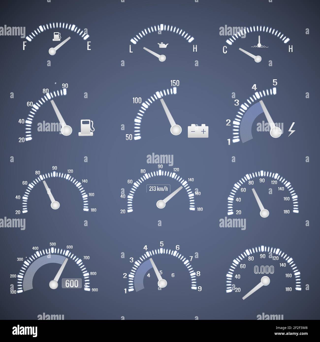 White speedometer interface icon set with dials showing the level of ...