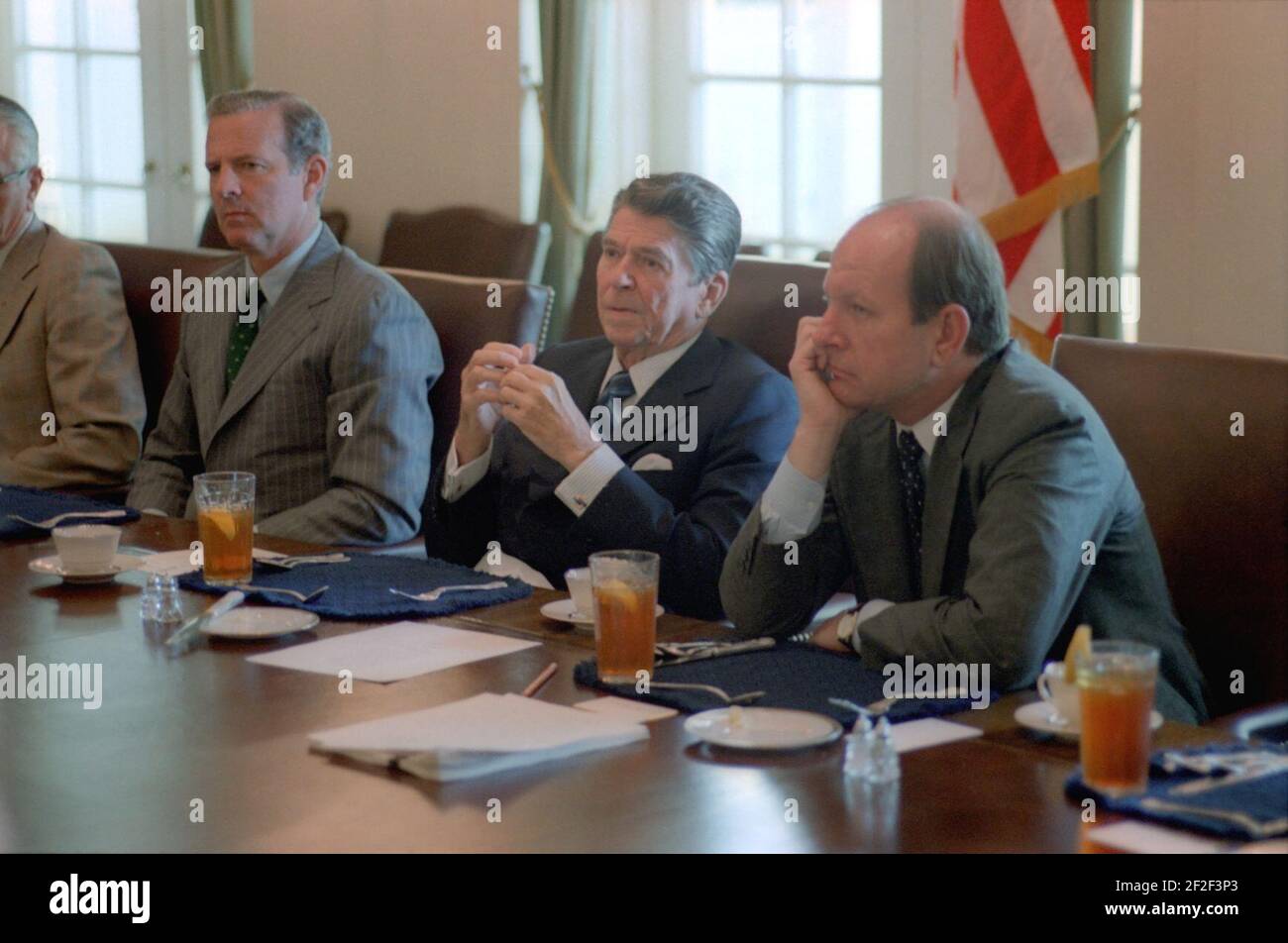 President Ronald Reagan with James Baker and Michael Deaver Stock Photo ...