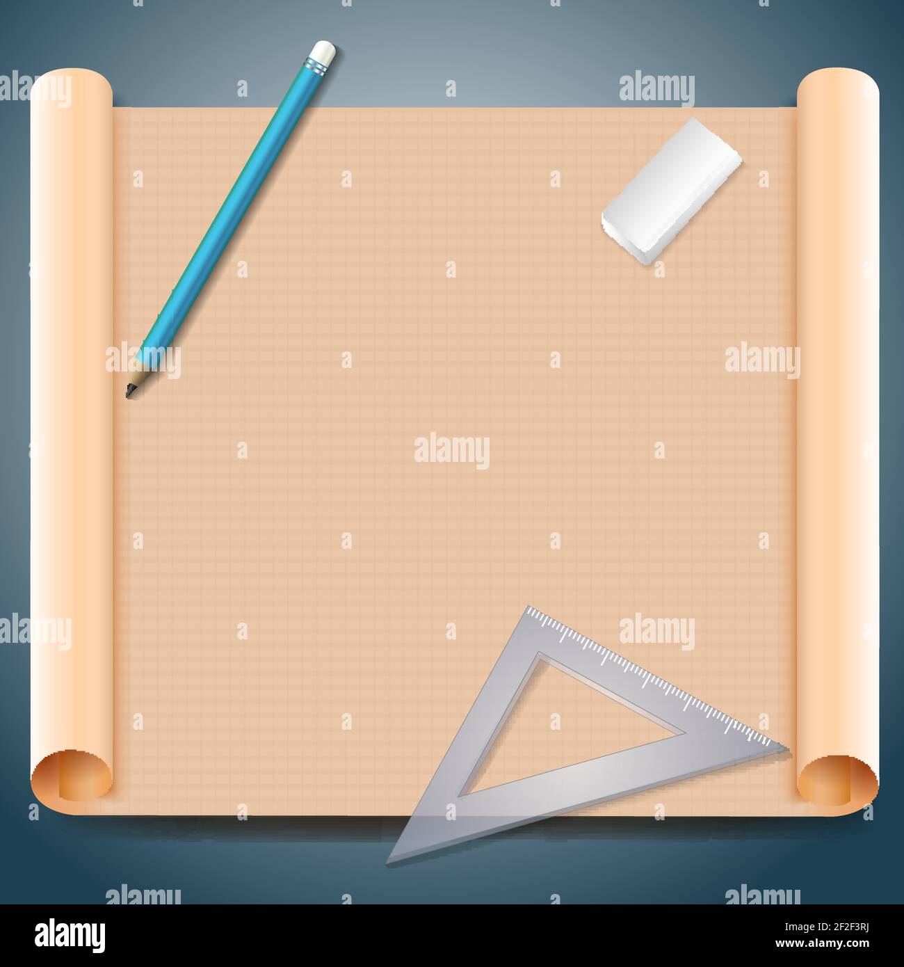 Architect squared brown paper with pen triangular ruler and eraser ...