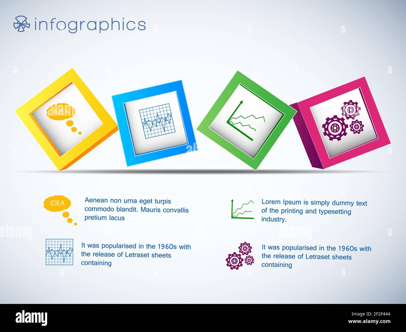 Infographics with row of 3d cubes and icons of charts and setting on ...