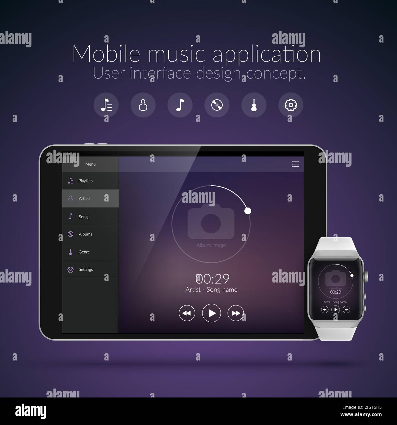 User interface design concept with web elements of music application ...