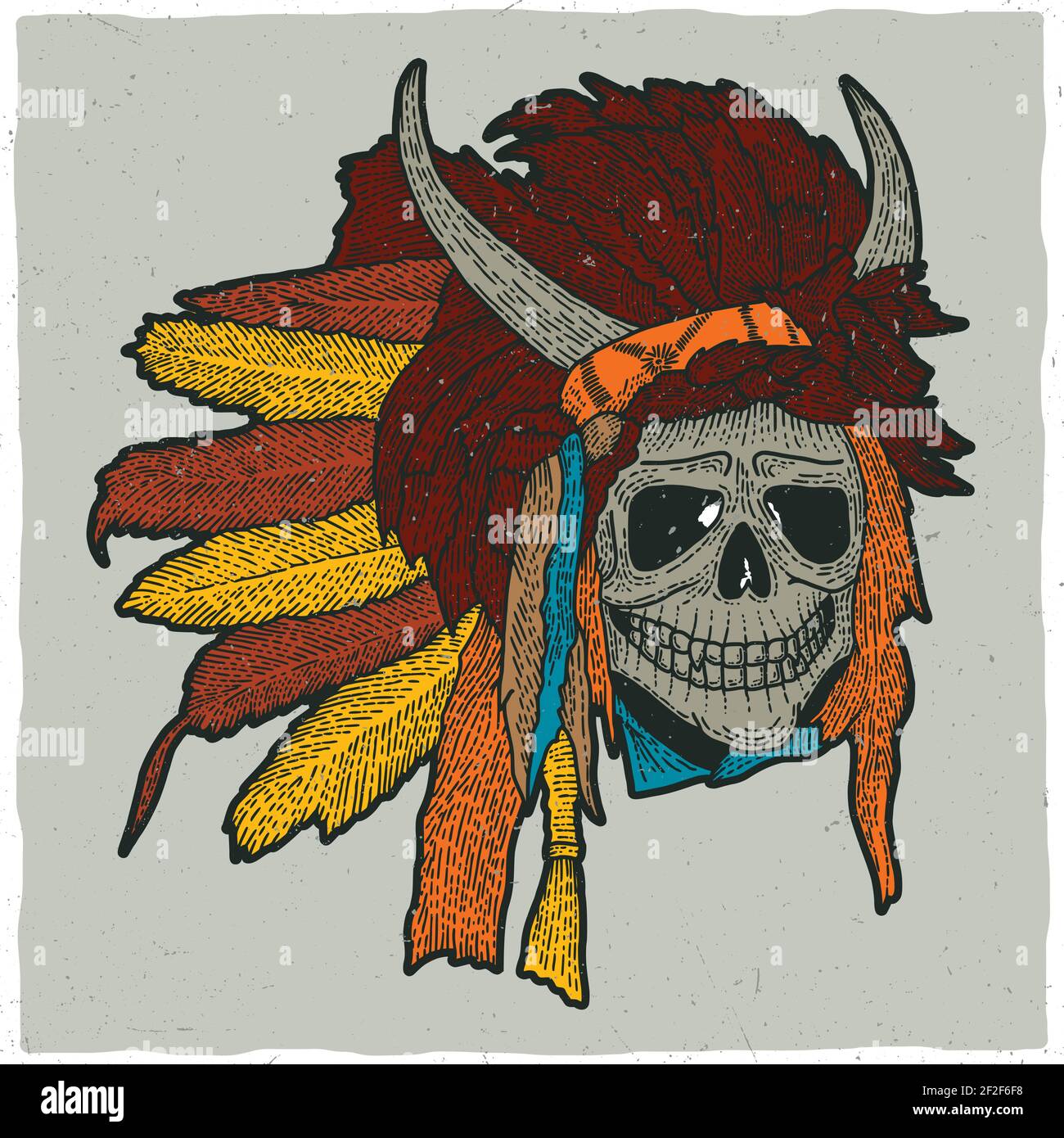 Colorful indian skull mask poster in woodcut style with horns vector ...