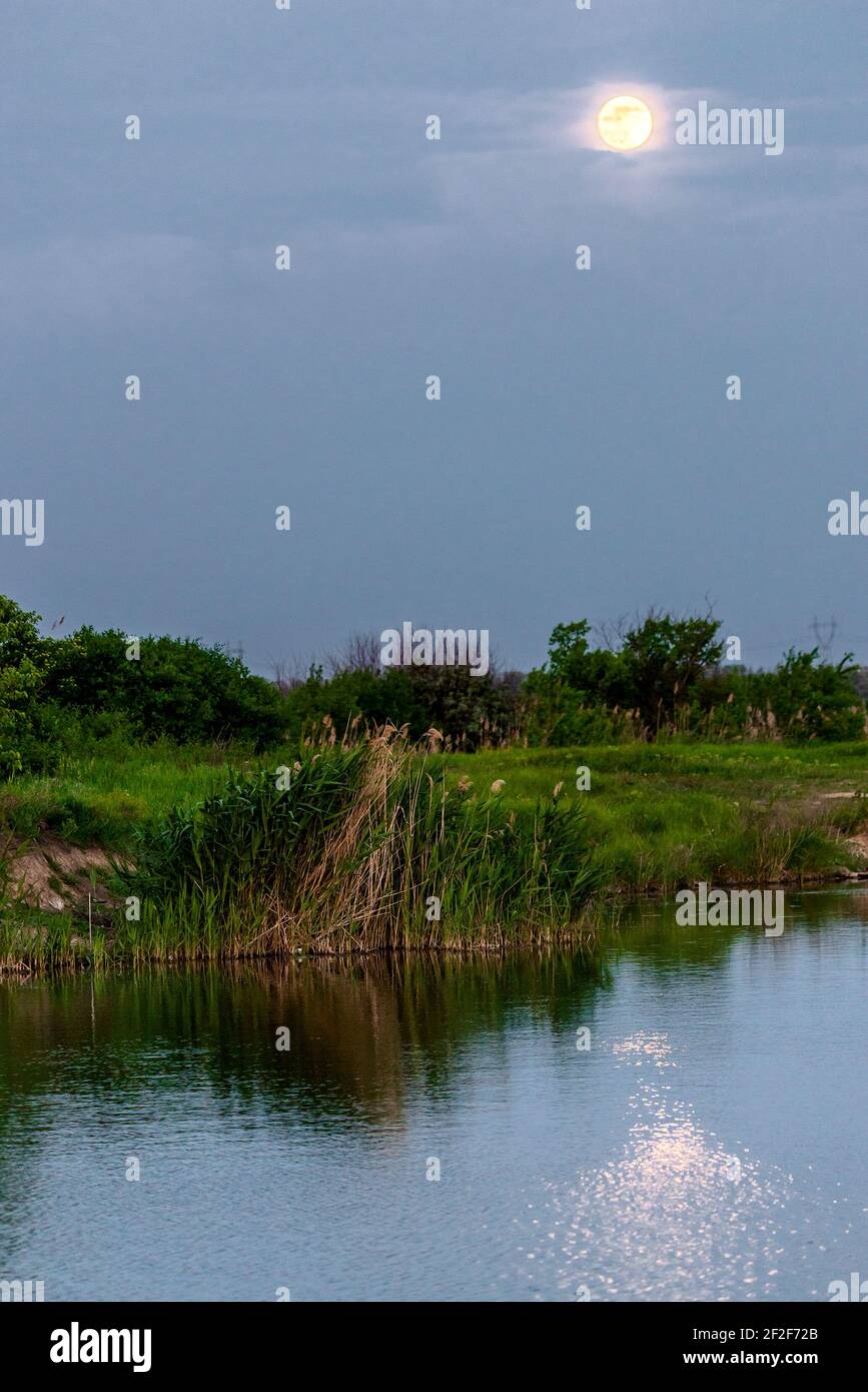 night landscape with moon and moonbeam in river Stock Photo - Alamy