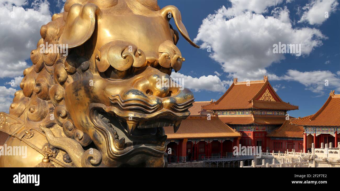 A bronze Chinese dragon statue in the Forbidden City. Beijing, China ...