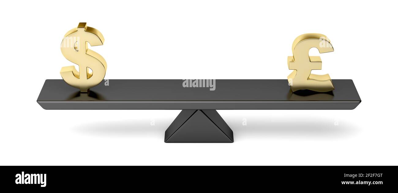 Balance between US dollar and Pound sterling on seesaw, concept image ...