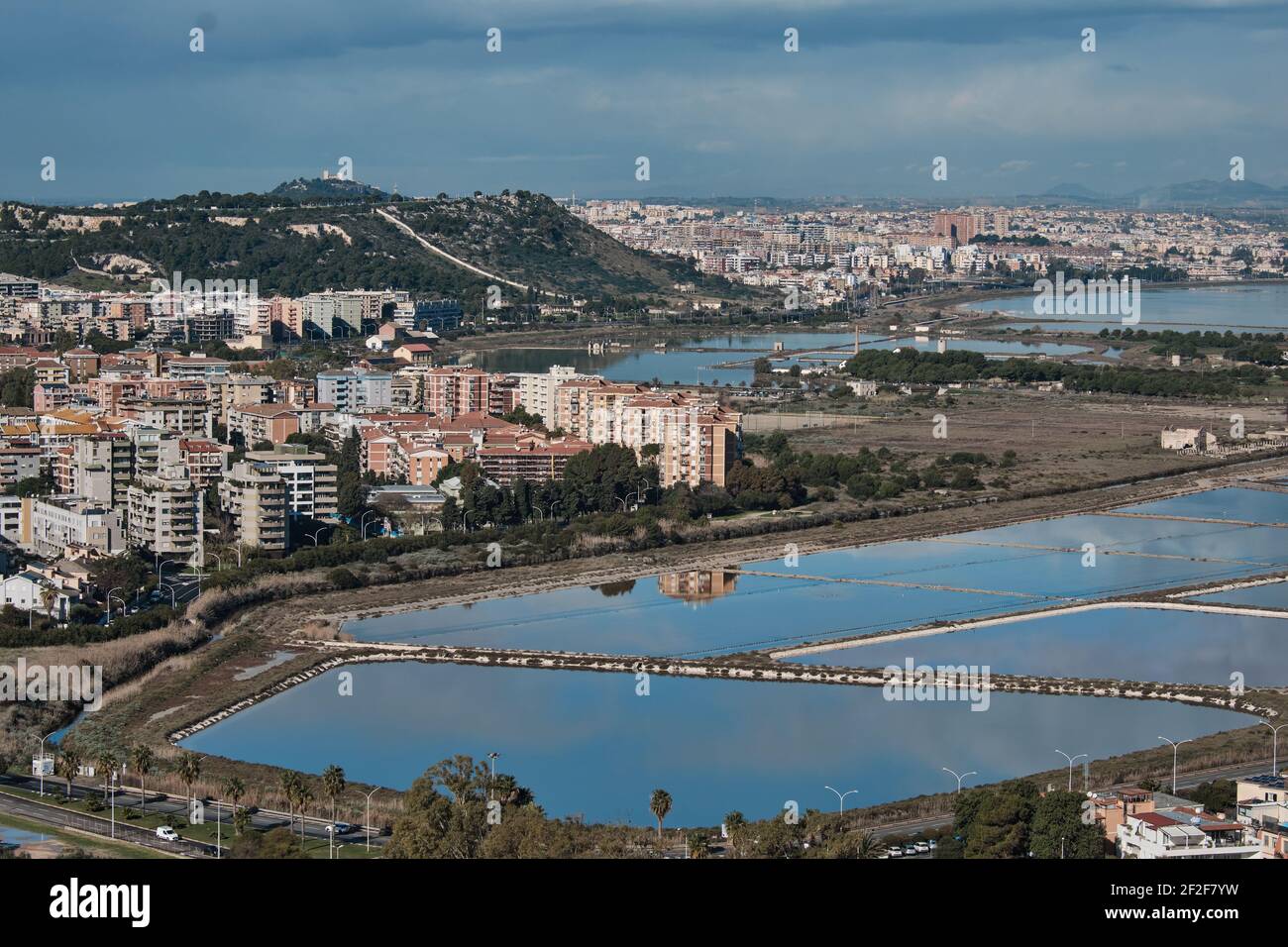 aerial view of the shoreline of poetto beach with buildings - Cagliari ...