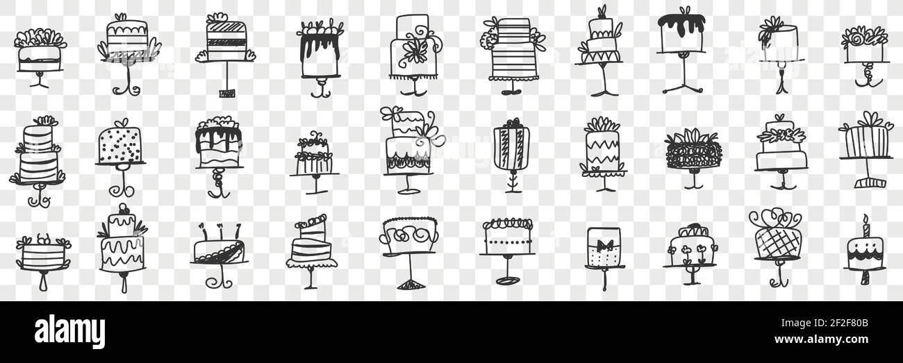 Sweet cakes for birthday doodle set. Collection of hand drawn various ...