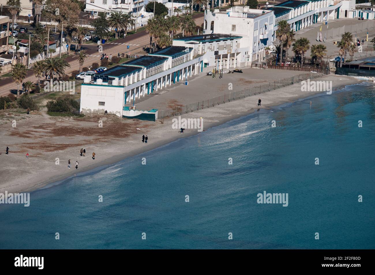 aerial view of the shoreline of poetto beach with buildings - Cagliari ...