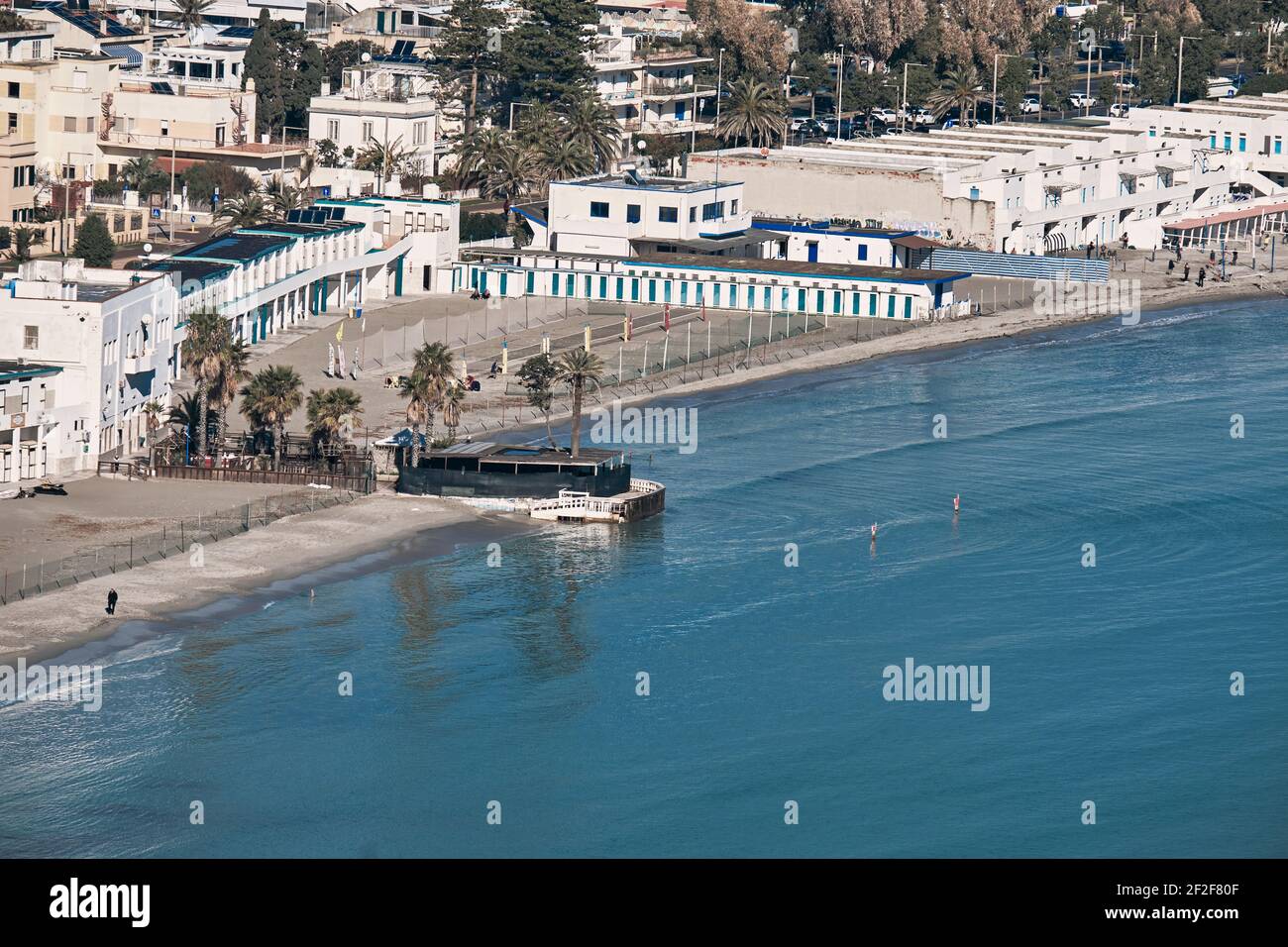 March 2021 - aerial view of the shoreline of poetto beach with ...