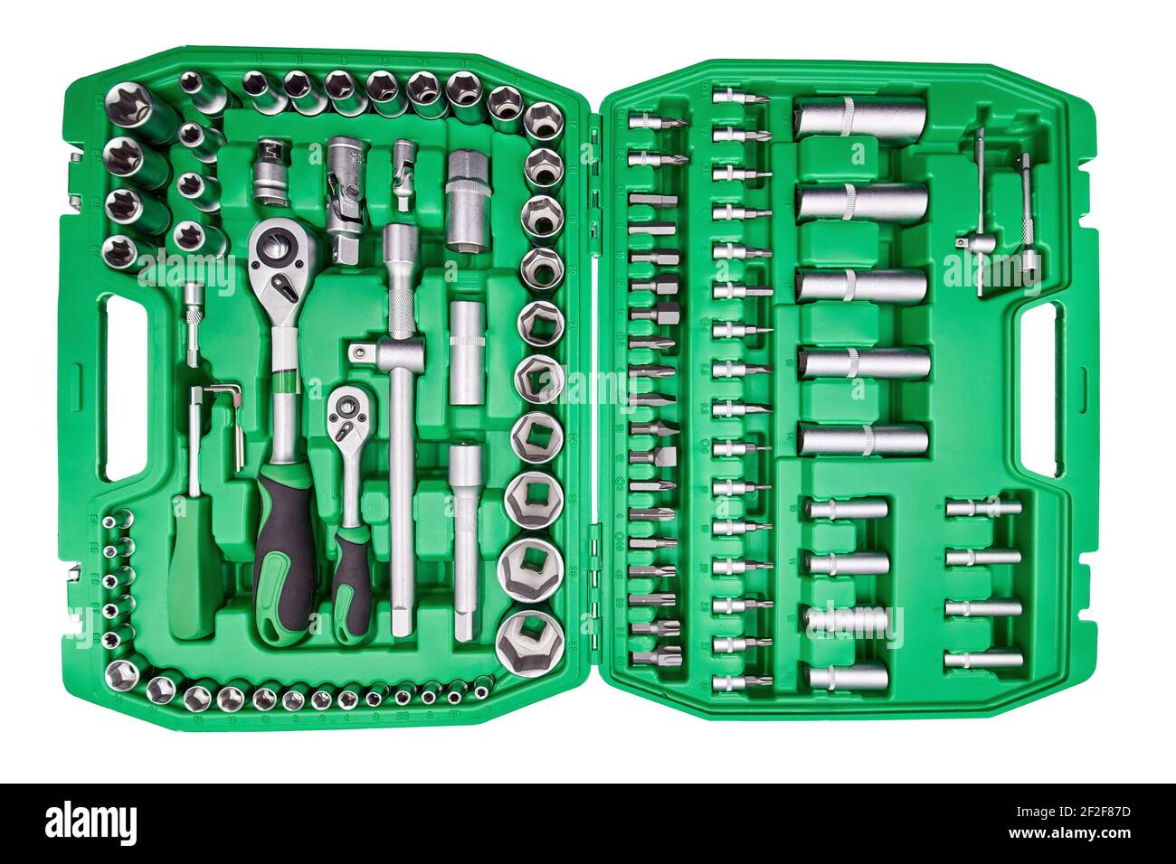 Big green toolbox set for car repair. Set of tools isolated on a white ...