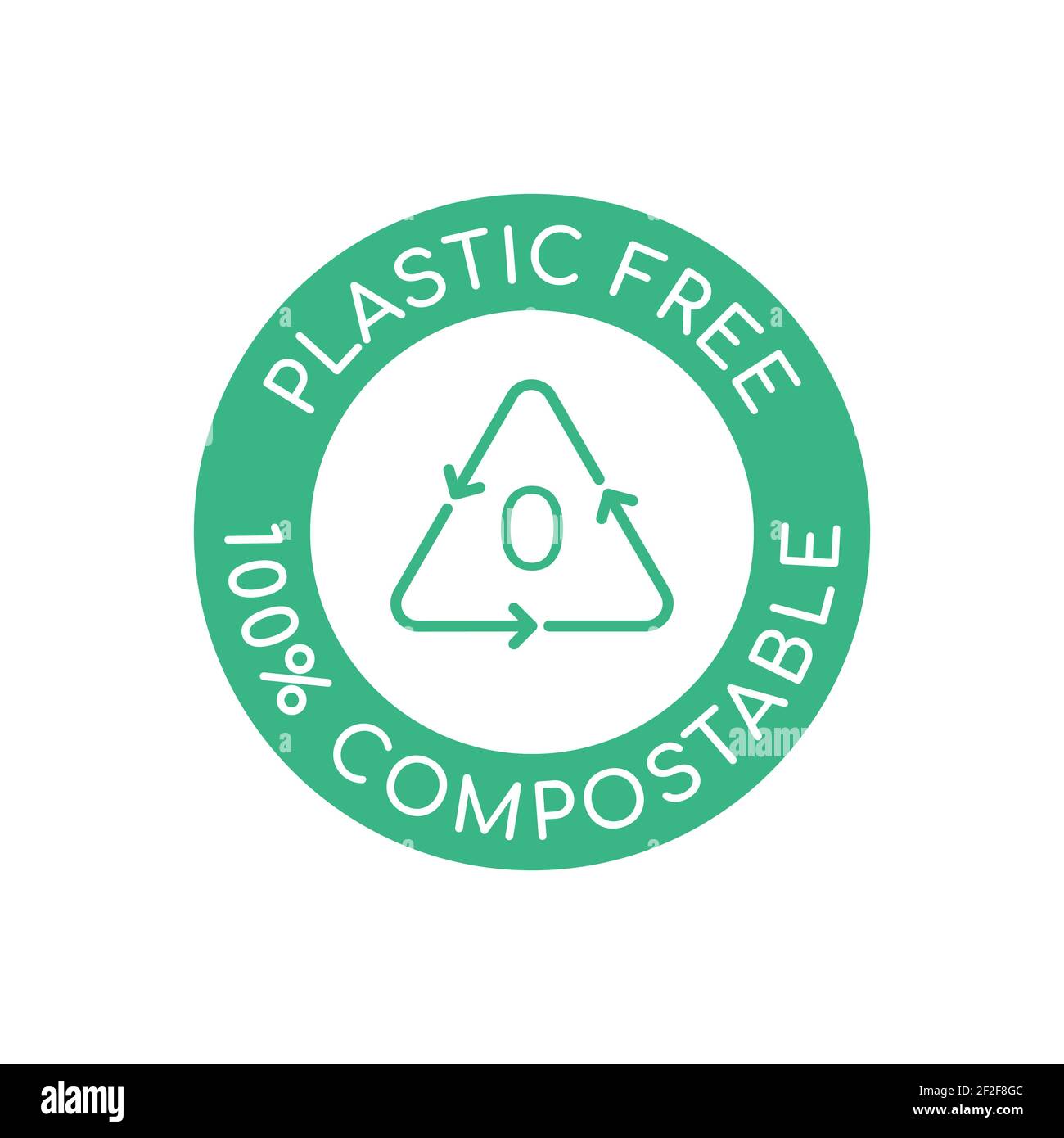 Plastic free 100% compostable icon. Recycle triangle and number zero in a green circle. Zero ...
