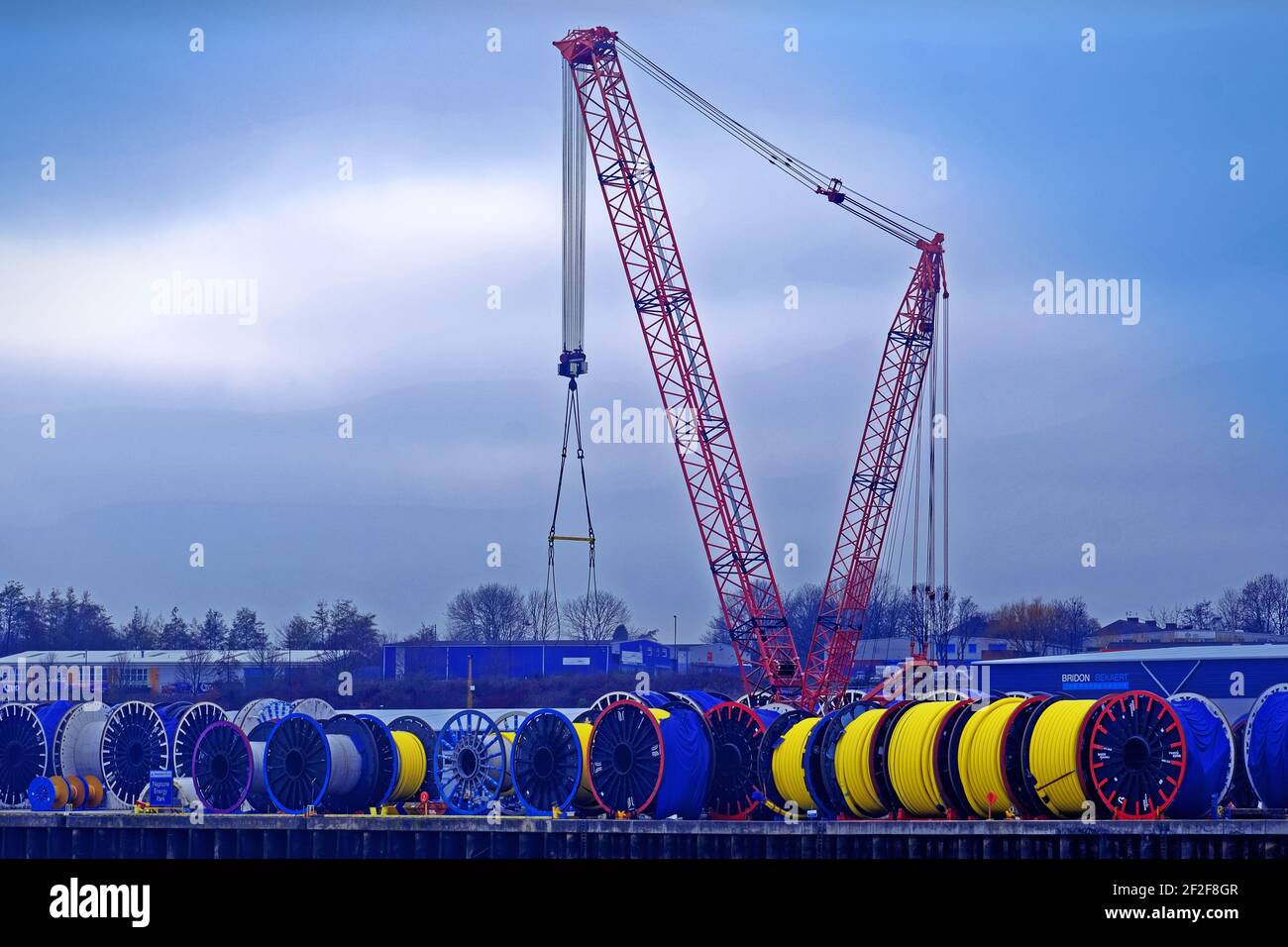 Bridon Bekaert Ropes undersea cables waiting to be loaded by crane at ...