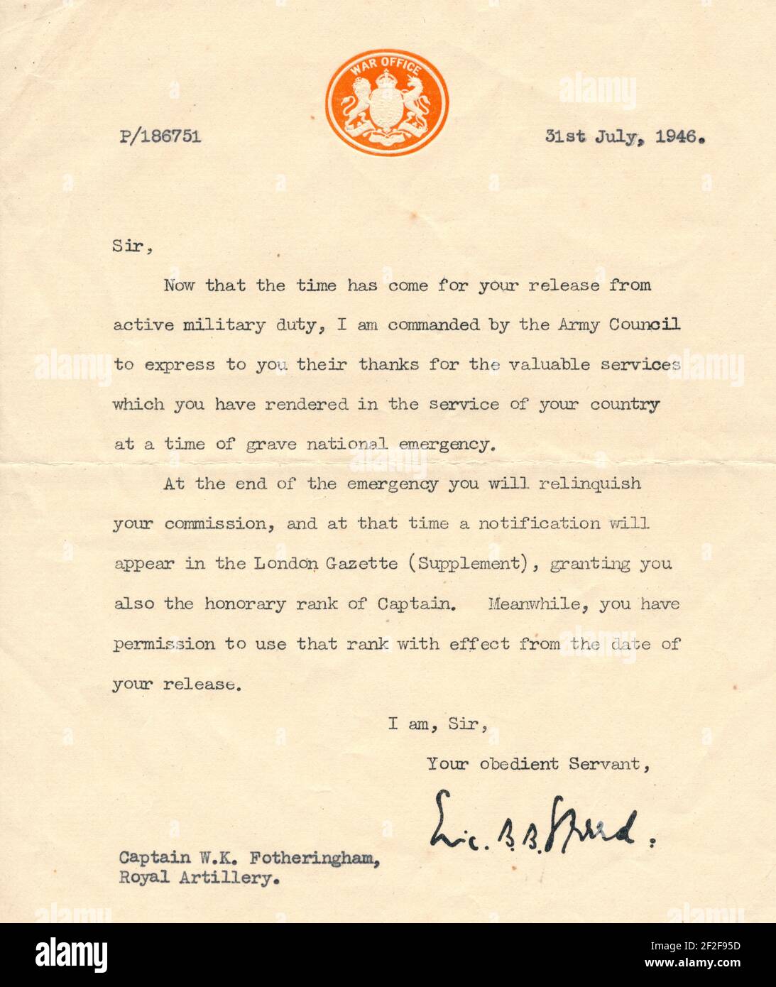A demob letter from the War Office in 1946 to a Captain Fotheringham on ...