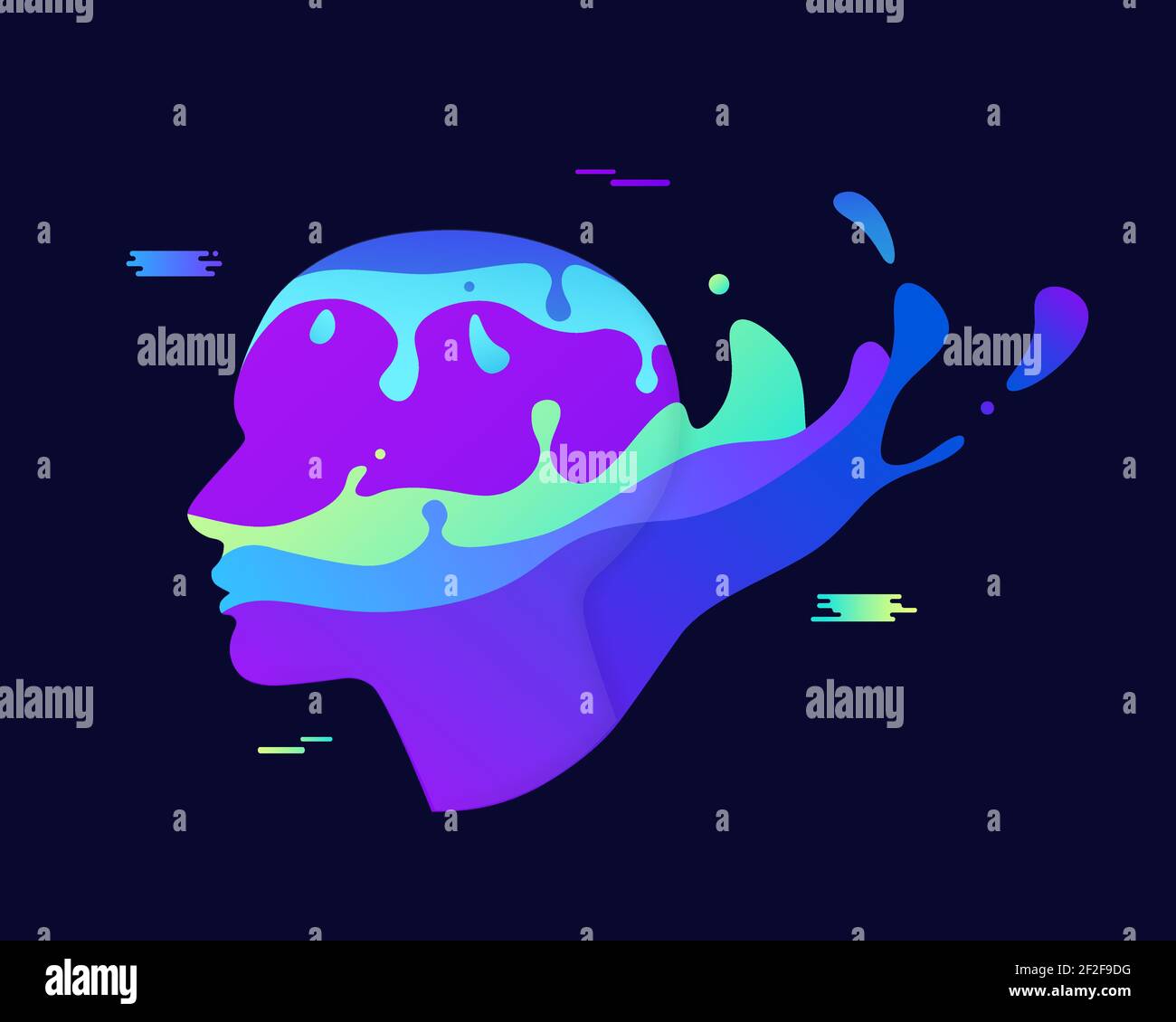 Creative abstract splash illustration. Human head with purple waves ...