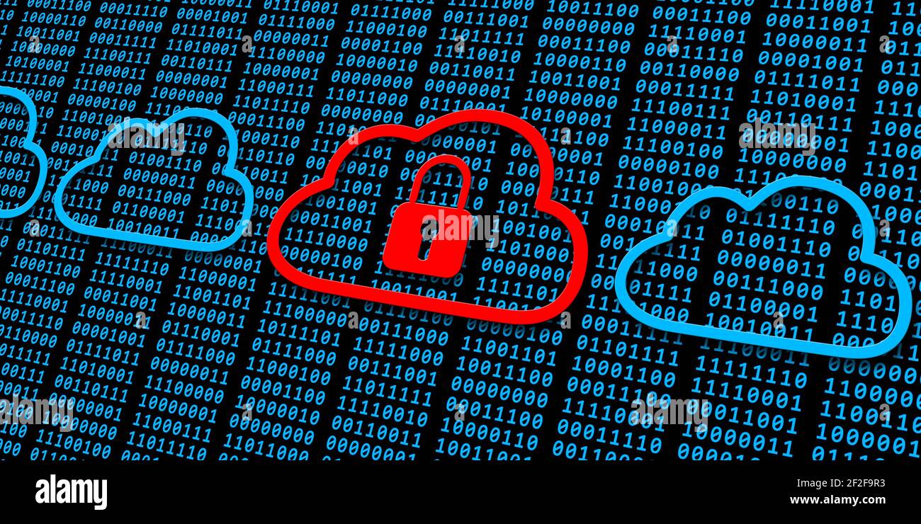 Data security concept - several clouds and one closed padlock over blue binary code on black ...