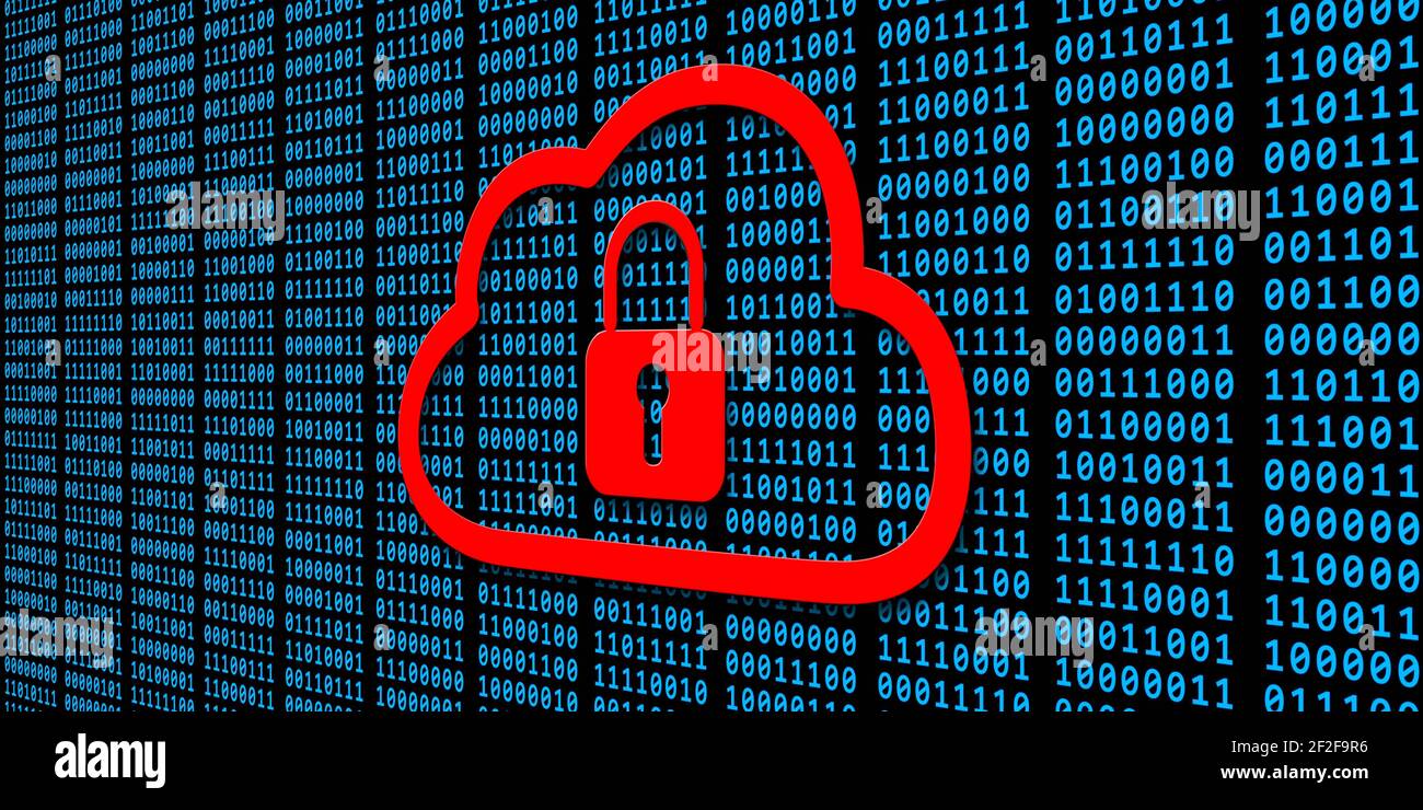 Data security concept - red closed padlock in a cloud over blue binary code on black background ...
