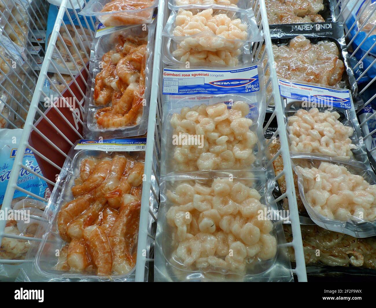PLASTIC BOXES WITH FROZEN PEELED SHRIMP FOR SALE IN A FOOD MEGA STORE ...