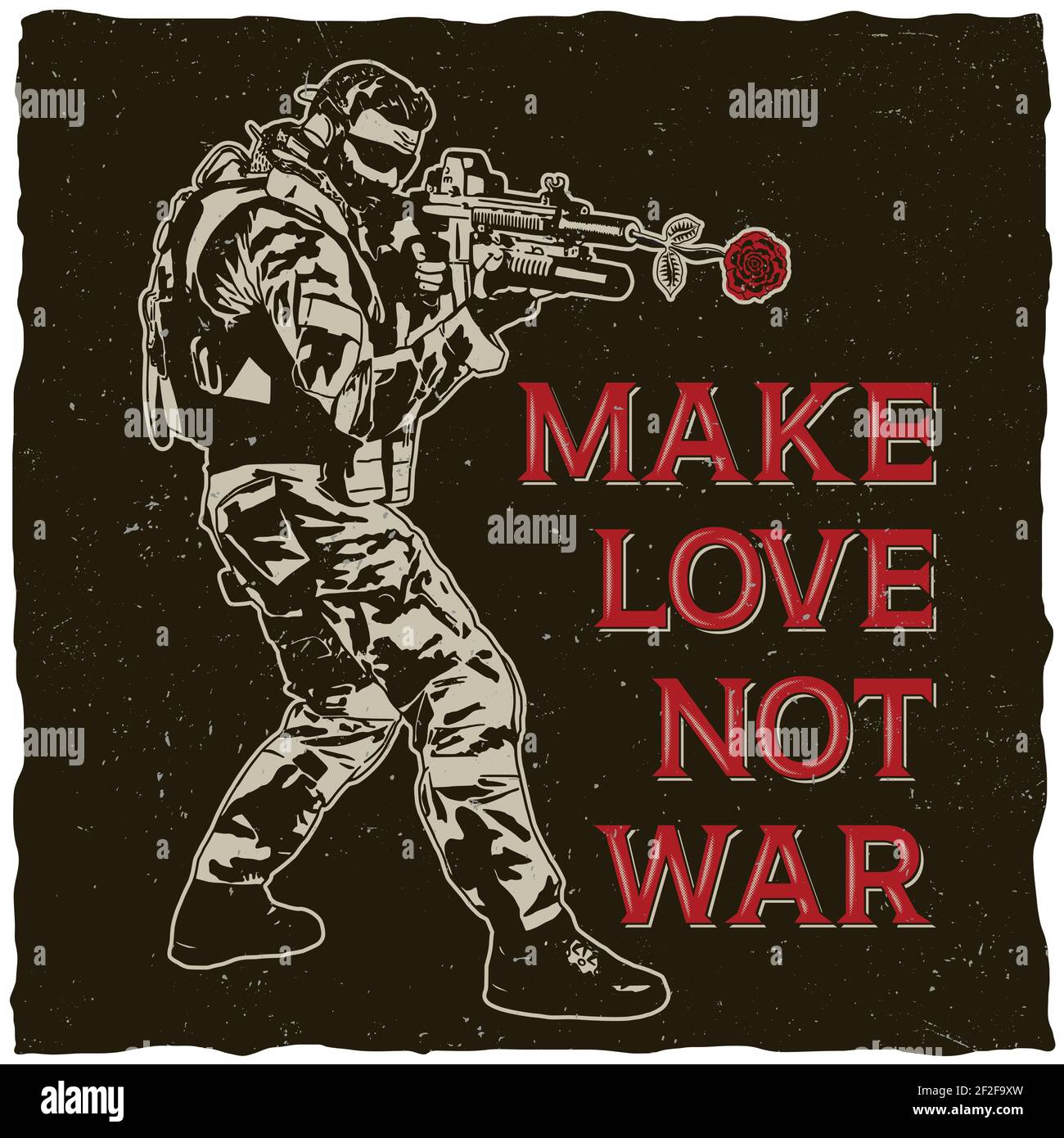 Make love not war poster with hand drawn soldier on black background ...