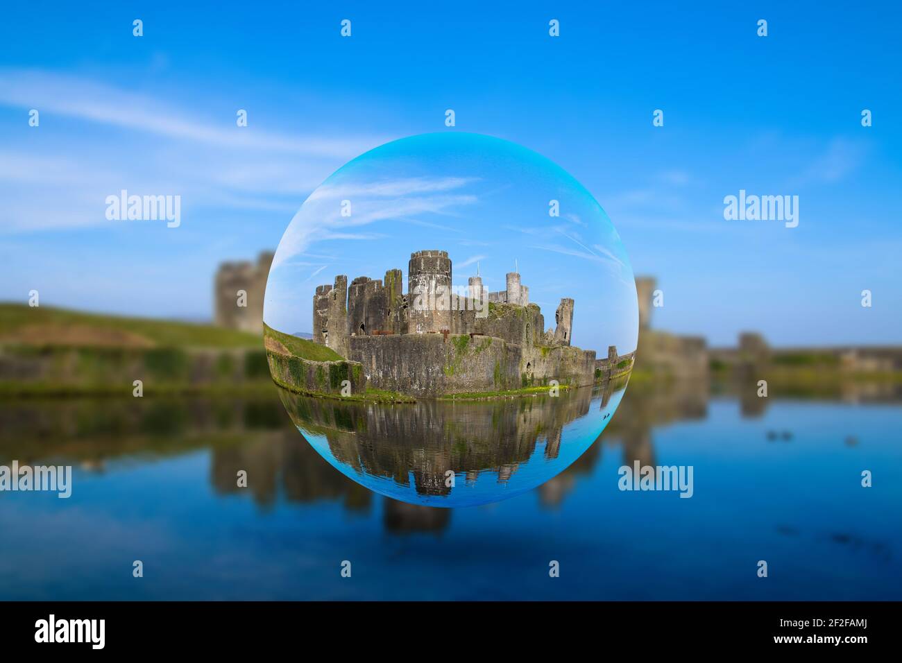 Caerphilly Castle near Cardiff UK in the spring sunshine seen through a ...