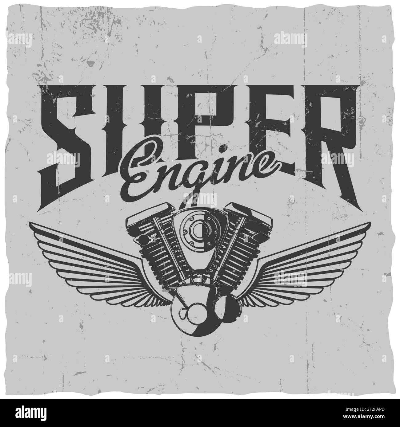 Super engine poster with hand drawn spare part and two wings vector ...