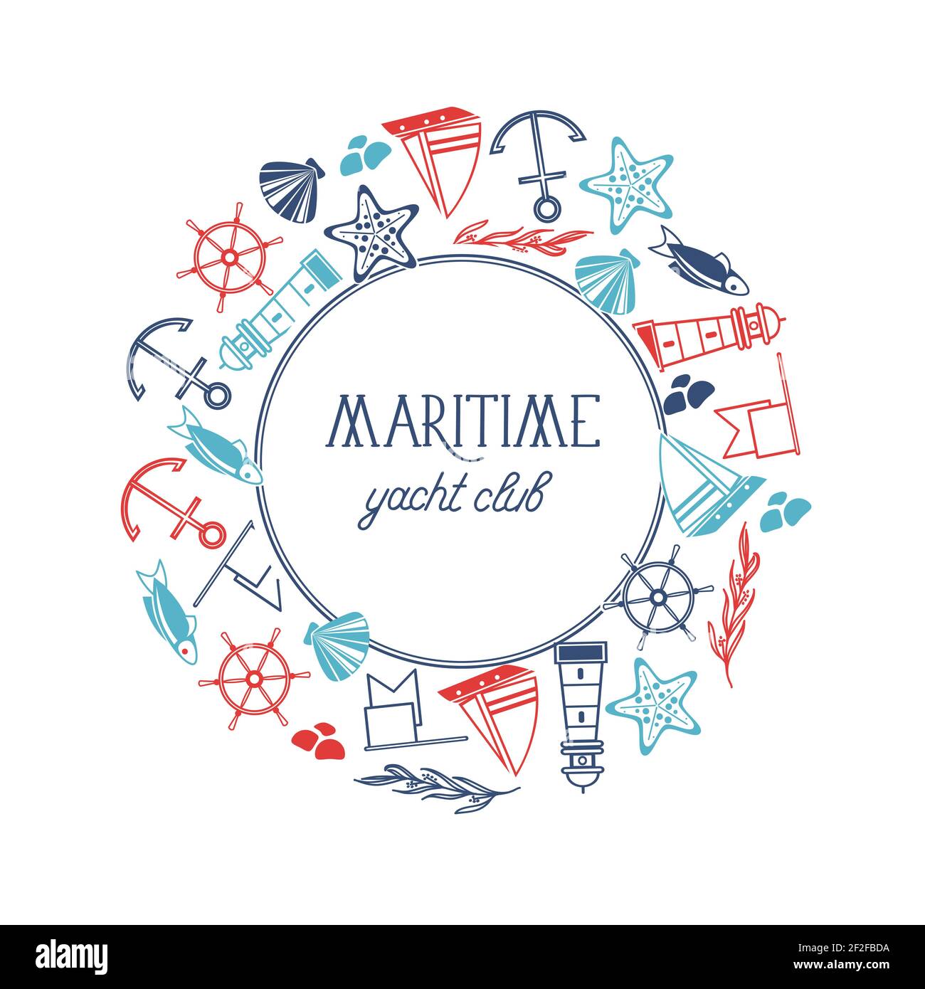 Maritime yacht club round frame poster with numerous symbols including ...