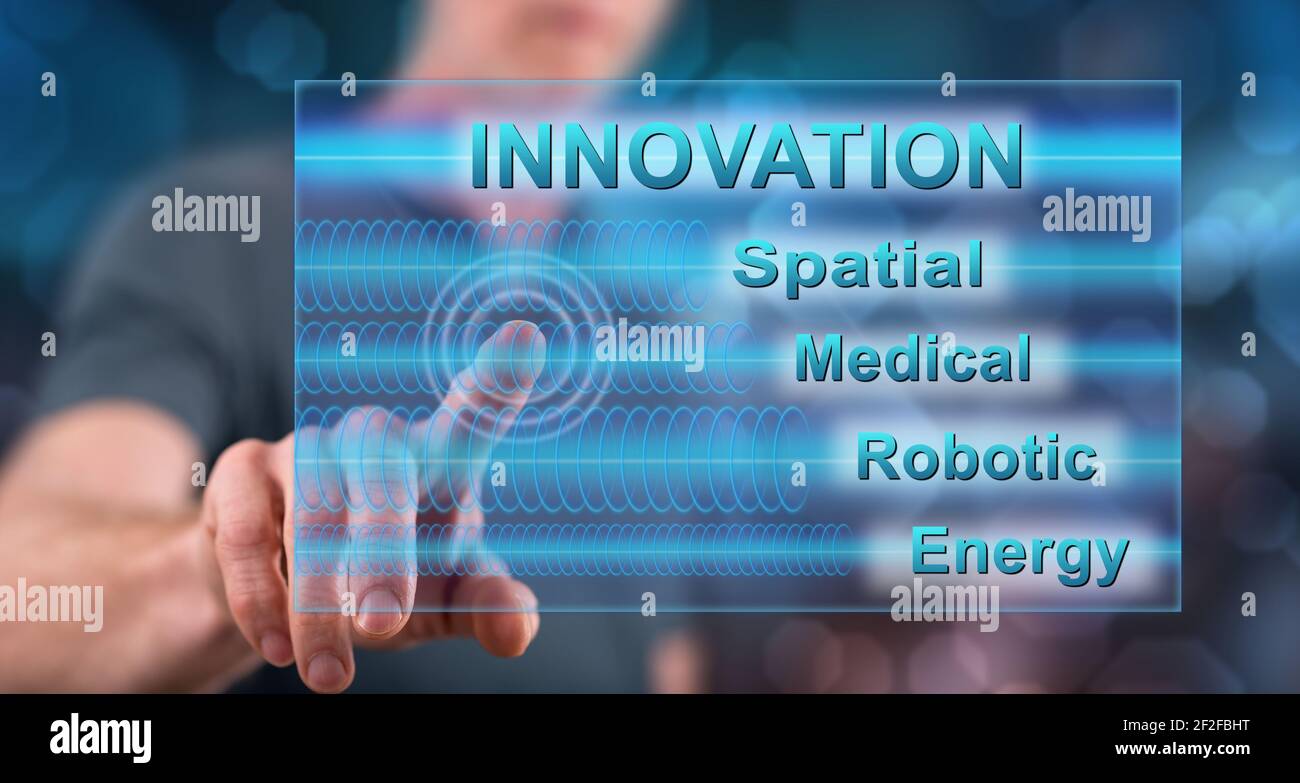 Man touching an innovation concept on a touch screen with his finger ...