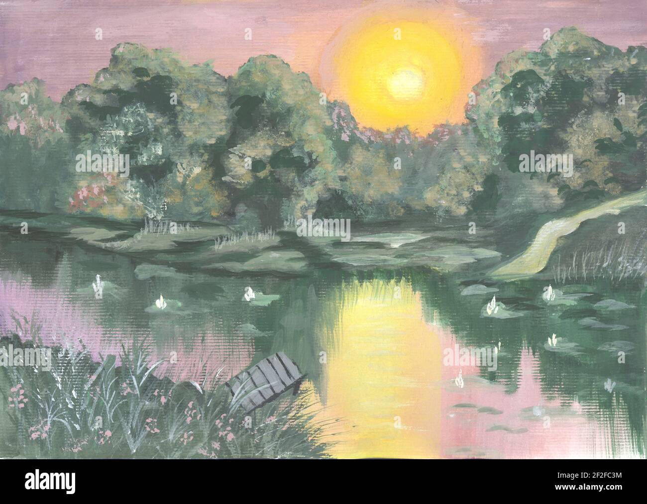 Painting on canvas - the river sunset landscape. Illustration art work ...