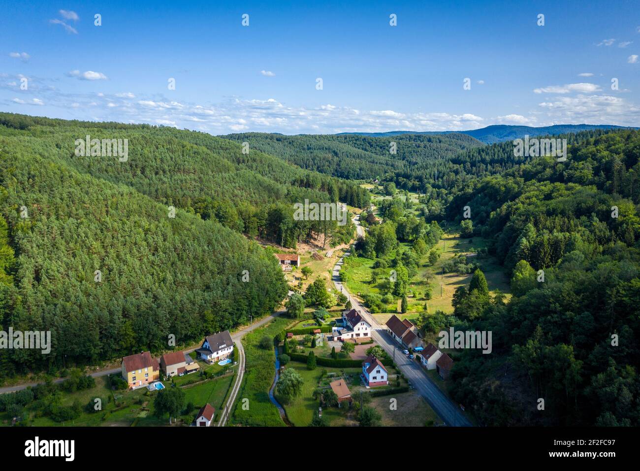Aerial view of French countryside. Small village with several houses ...