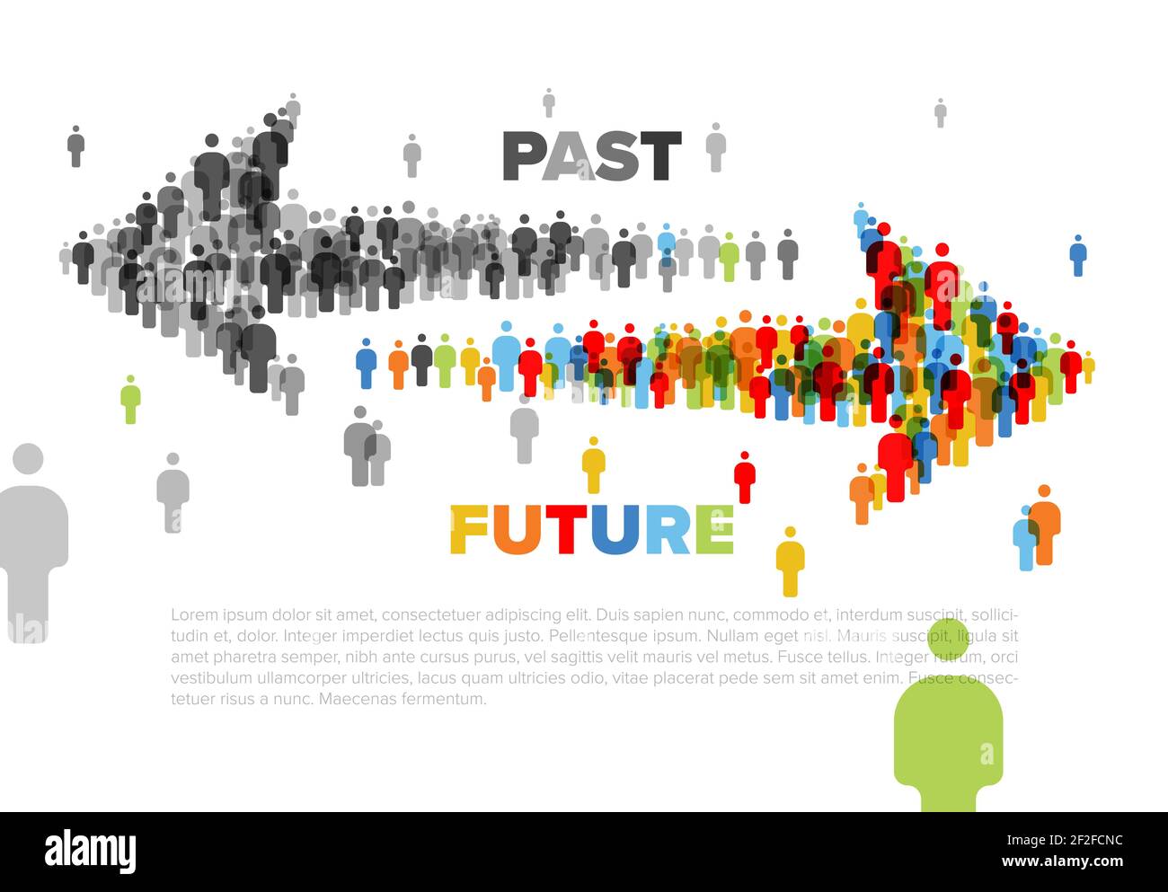 Two arrows made from people icons pointing forward to the future and ...