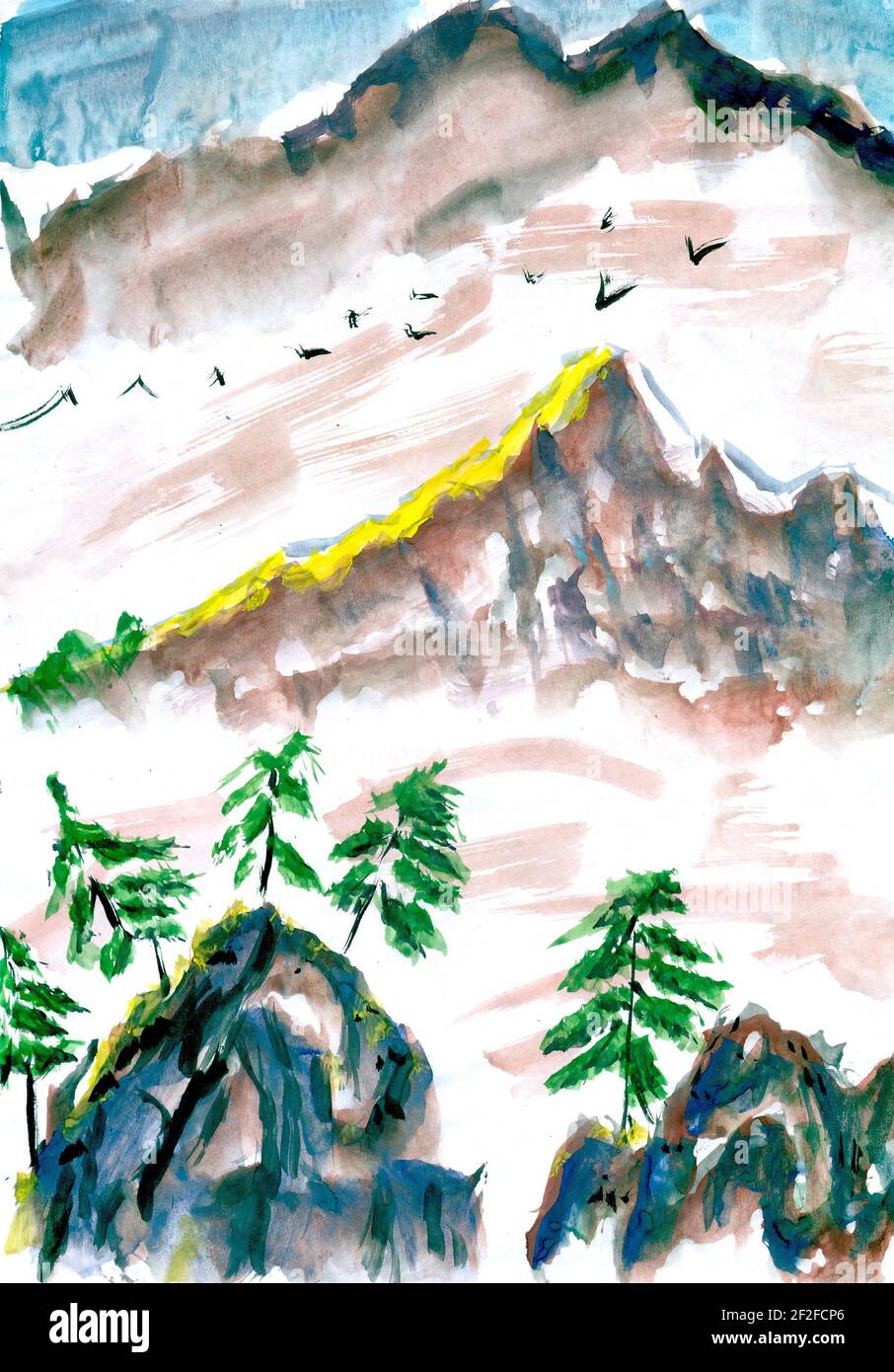 Traditional Chinese painting of high mountain landscape, monochrome ...