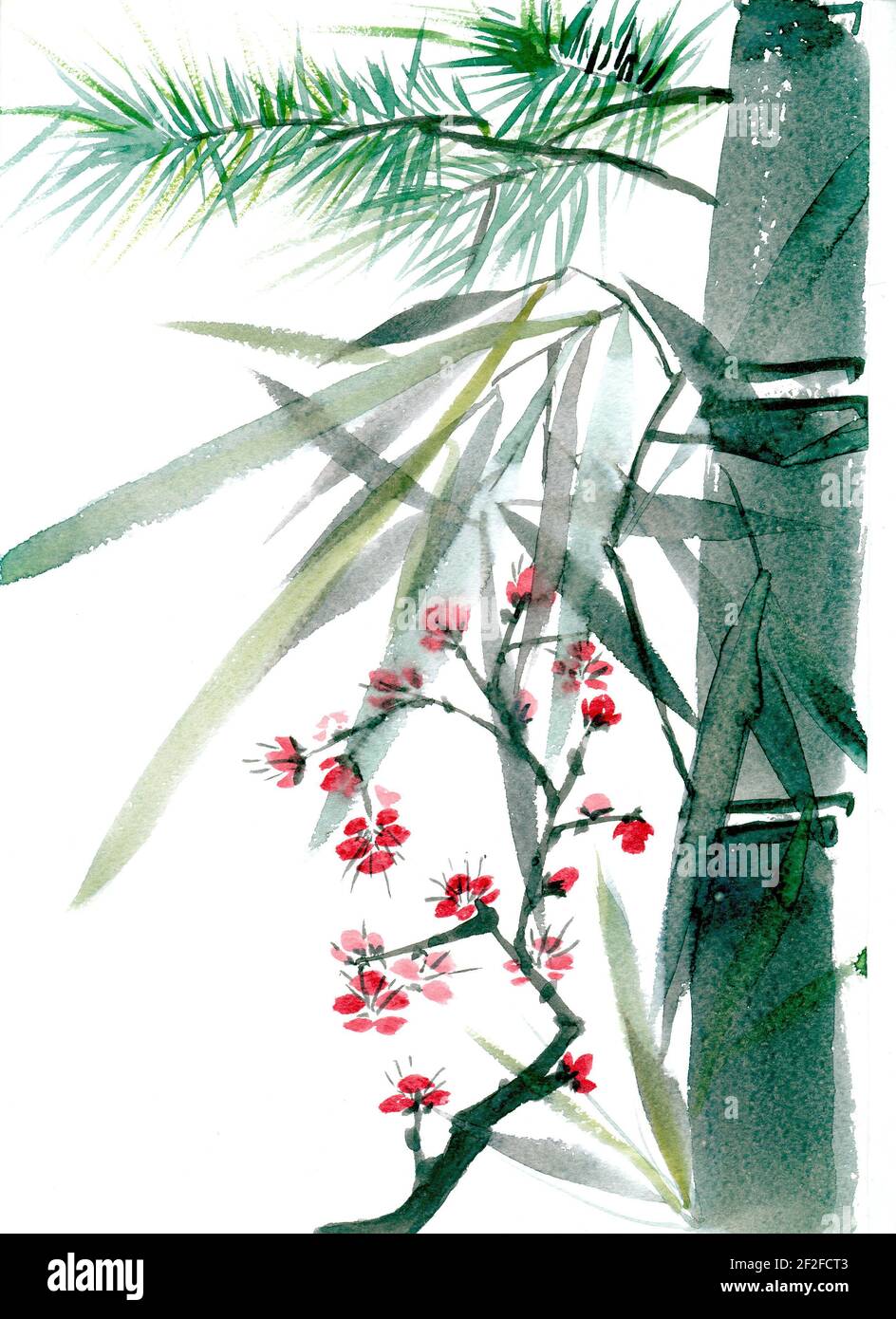 Card with green bamboo in chinese style. Hand-drawn traditional ...