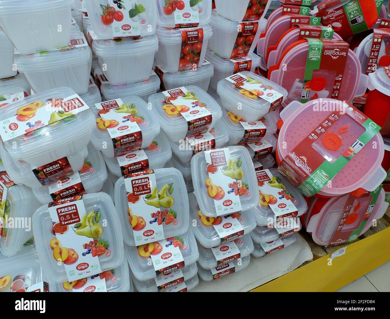 COLORFUL PLASTIC BOXES FOR FOOD FOR SALE INSIDE A MEGA STORE Stock ...