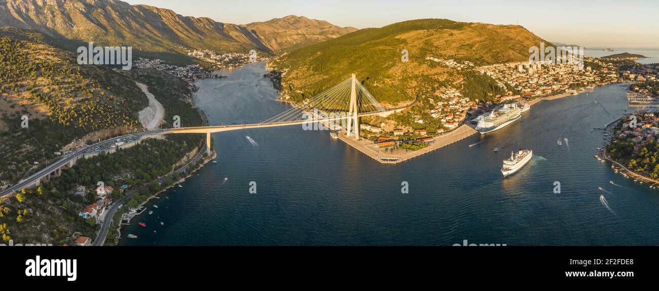 Aerial panorama drone shot of Dubrovnik bridge at Port Gruz in Lapad ...